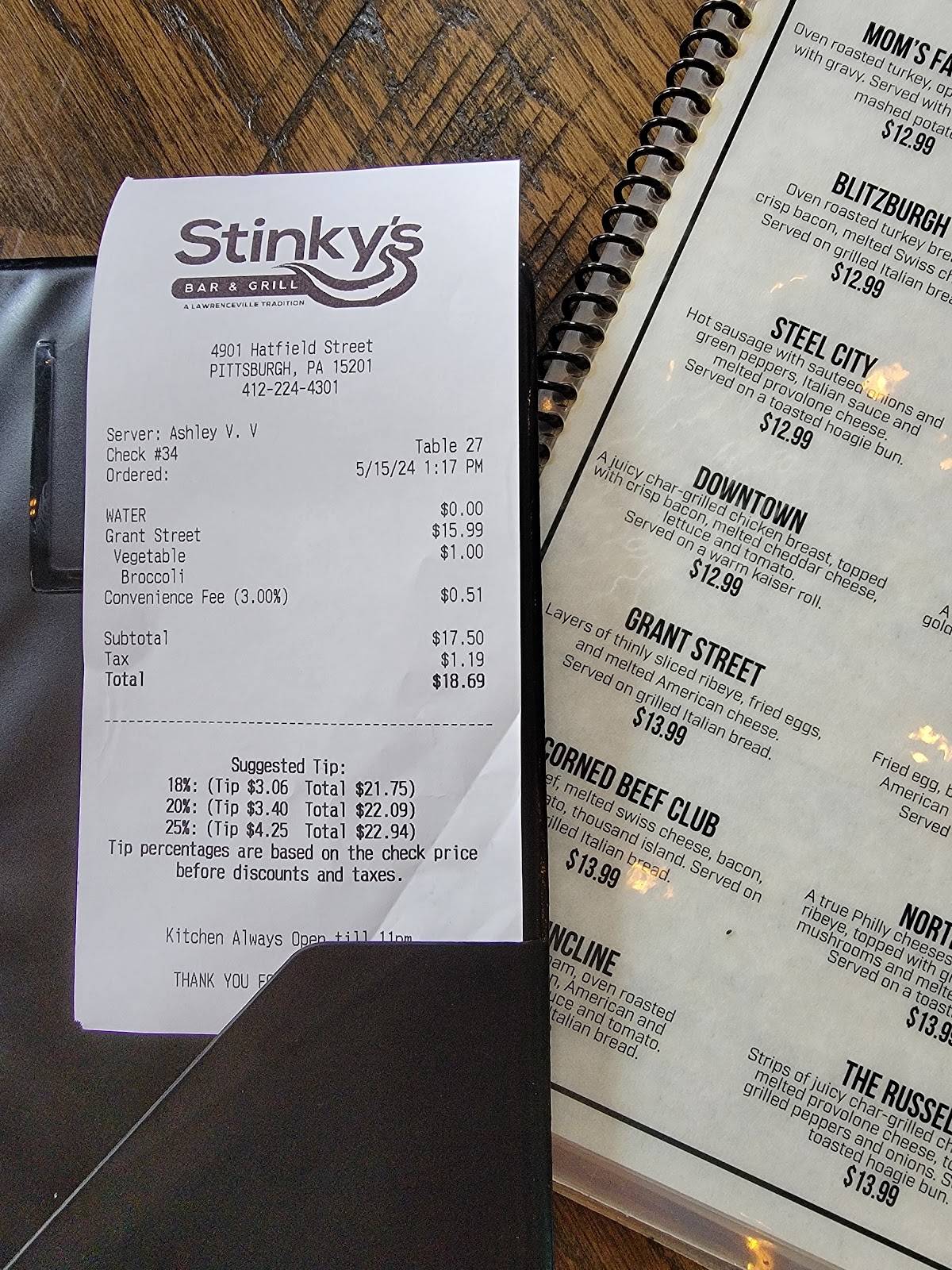Menu At Stinky S Bar Grill Pittsburgh