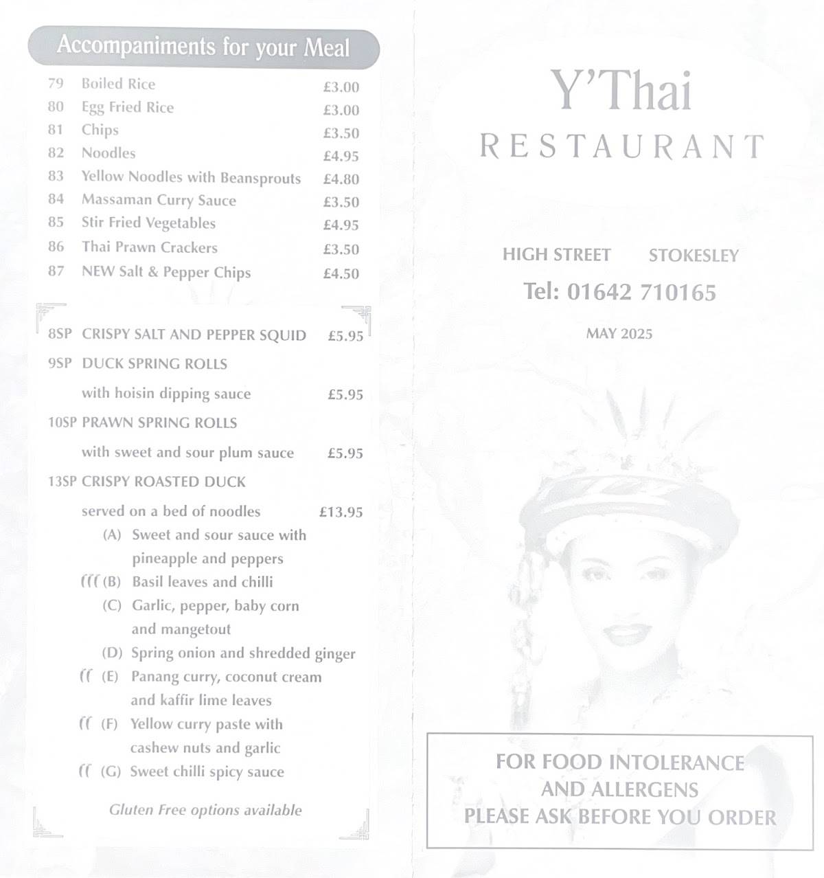 Menu at Y'Thai restaurant, Stokesley