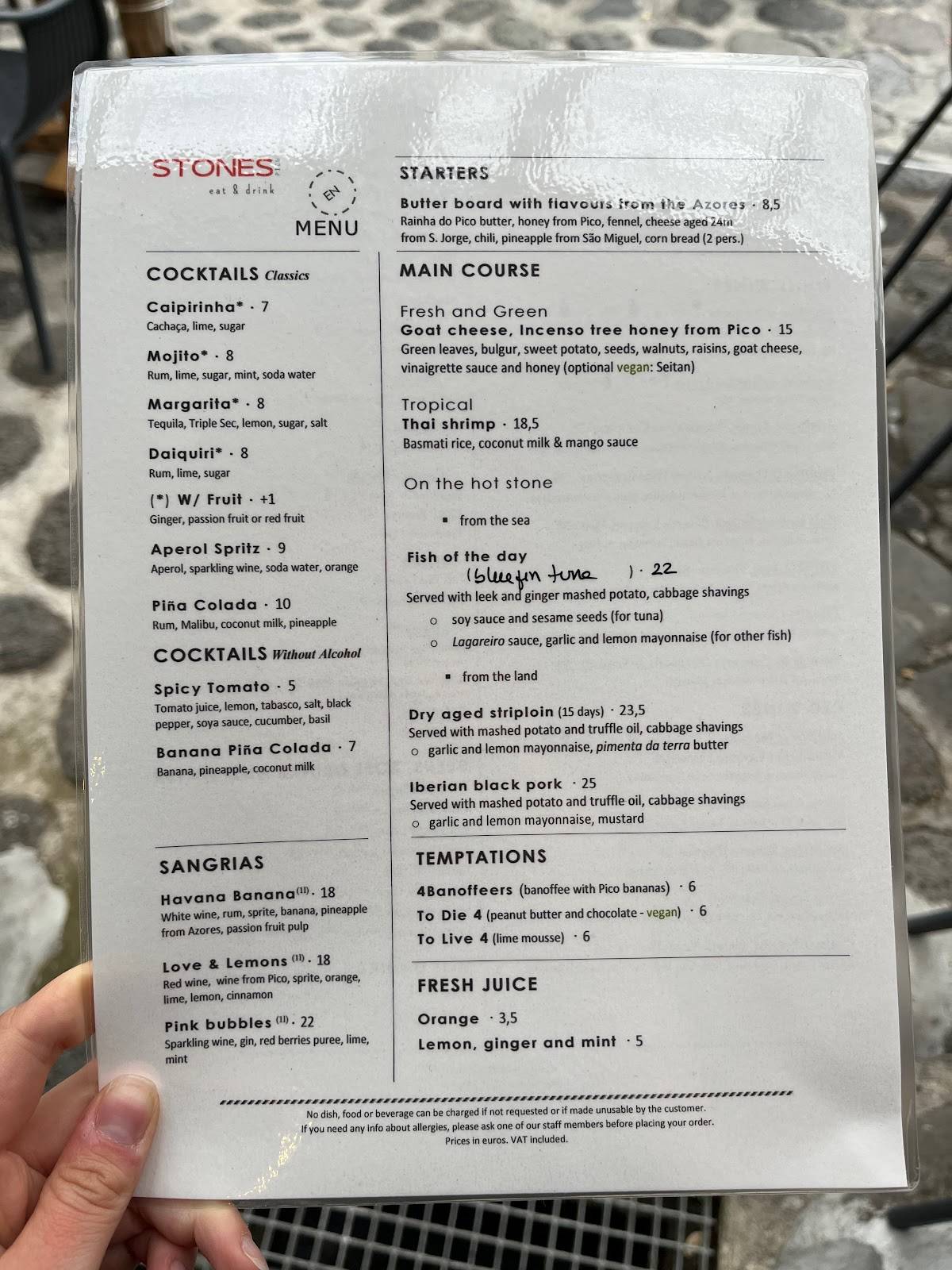 Menu at Stones Pico restaurant, Cais do Mourato