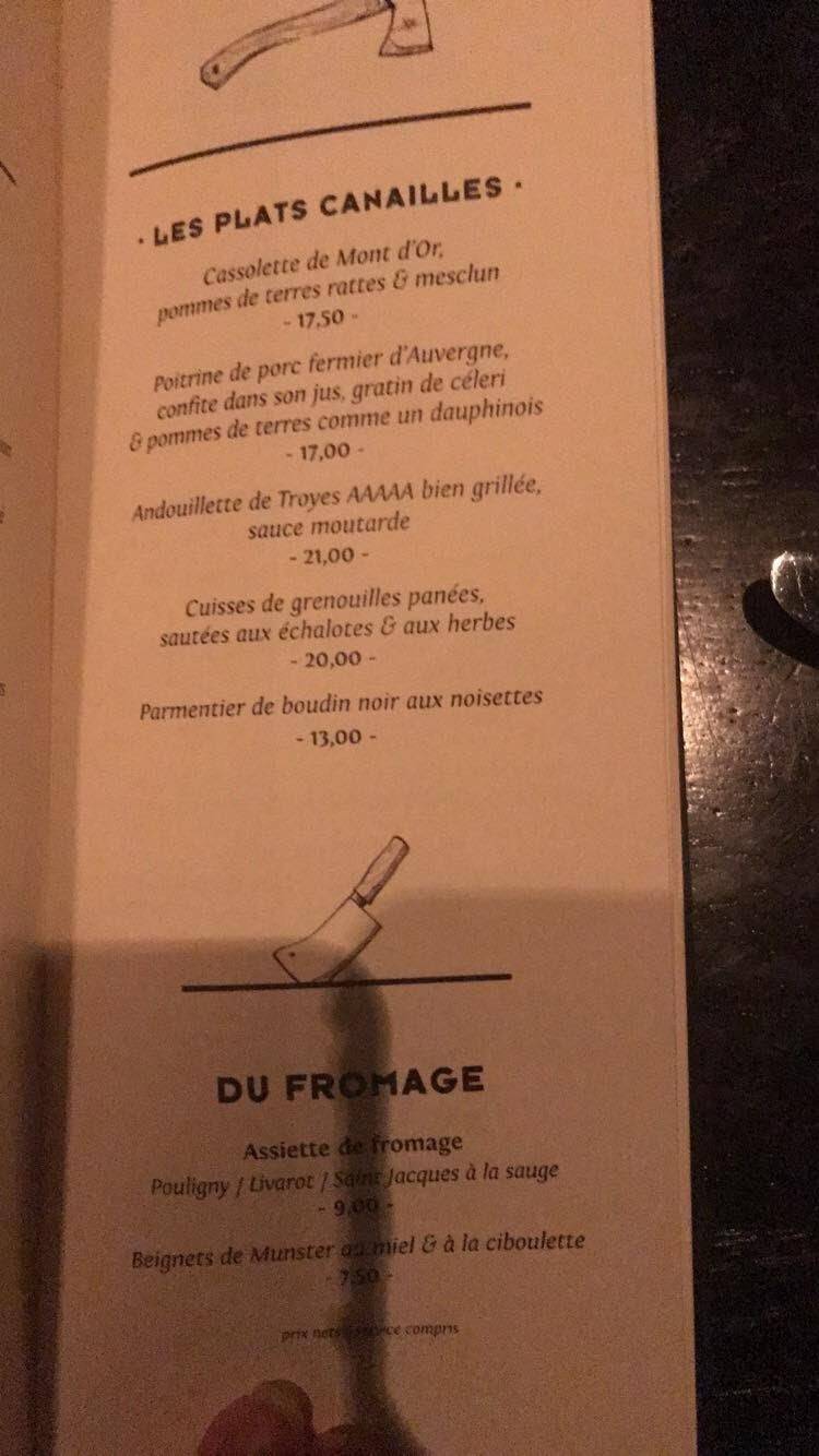 Menu au La Hache restaurant, Strasbourg