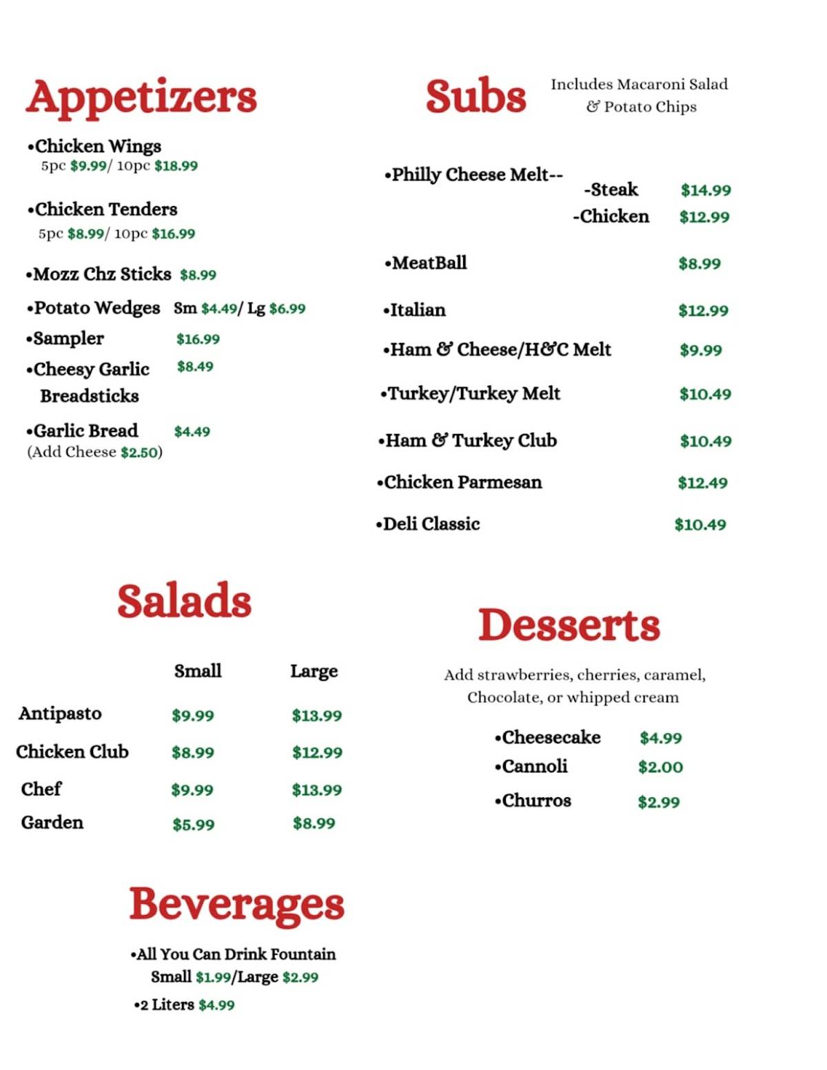 Menu at Street Pizza restaurant, Laughlin