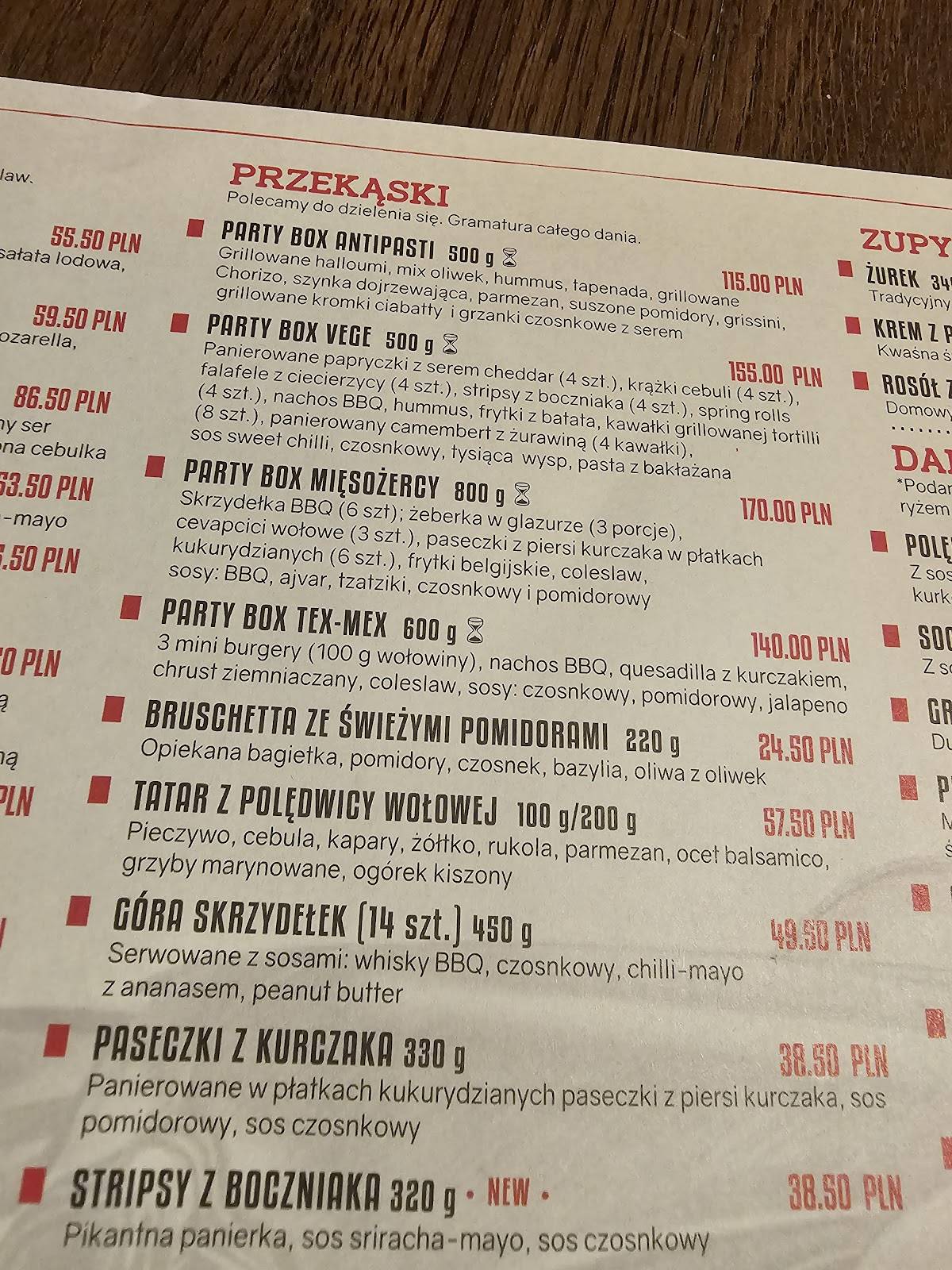 Menu at Street Restauracja pub & bar, Warsaw, al. Jana Pawła II 19