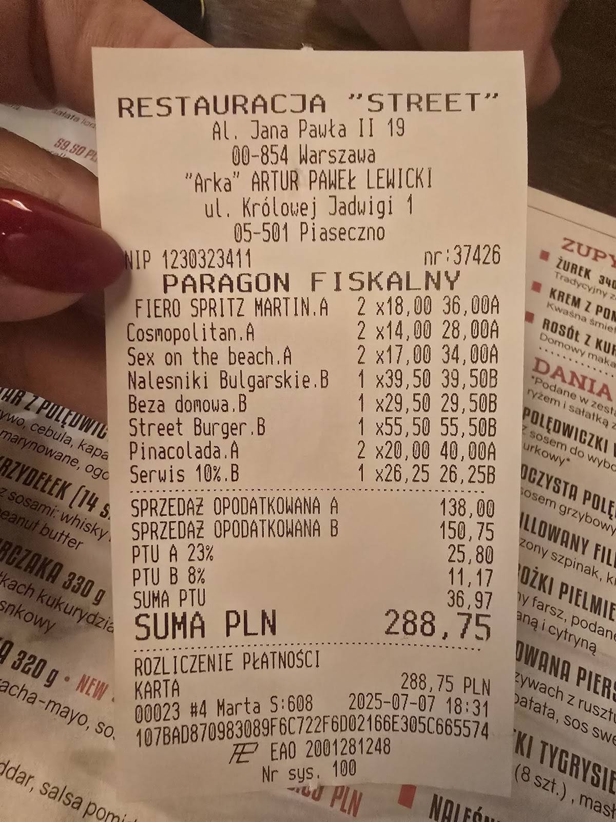 Menu at Street Restauracja, Warsaw, al. Jana Pawła II 19