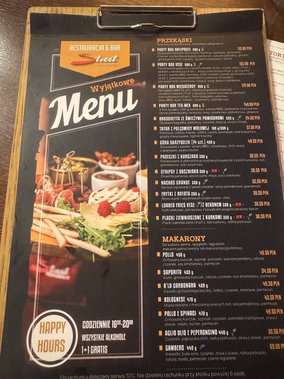 Menu at Street Restauracja, Warsaw, al. Jana Pawła II 19