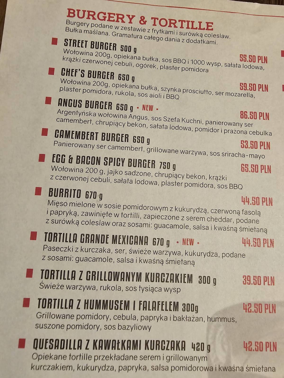 Menu at Street Restauracja pub & bar, Warsaw, al. Jana Pawła II 19