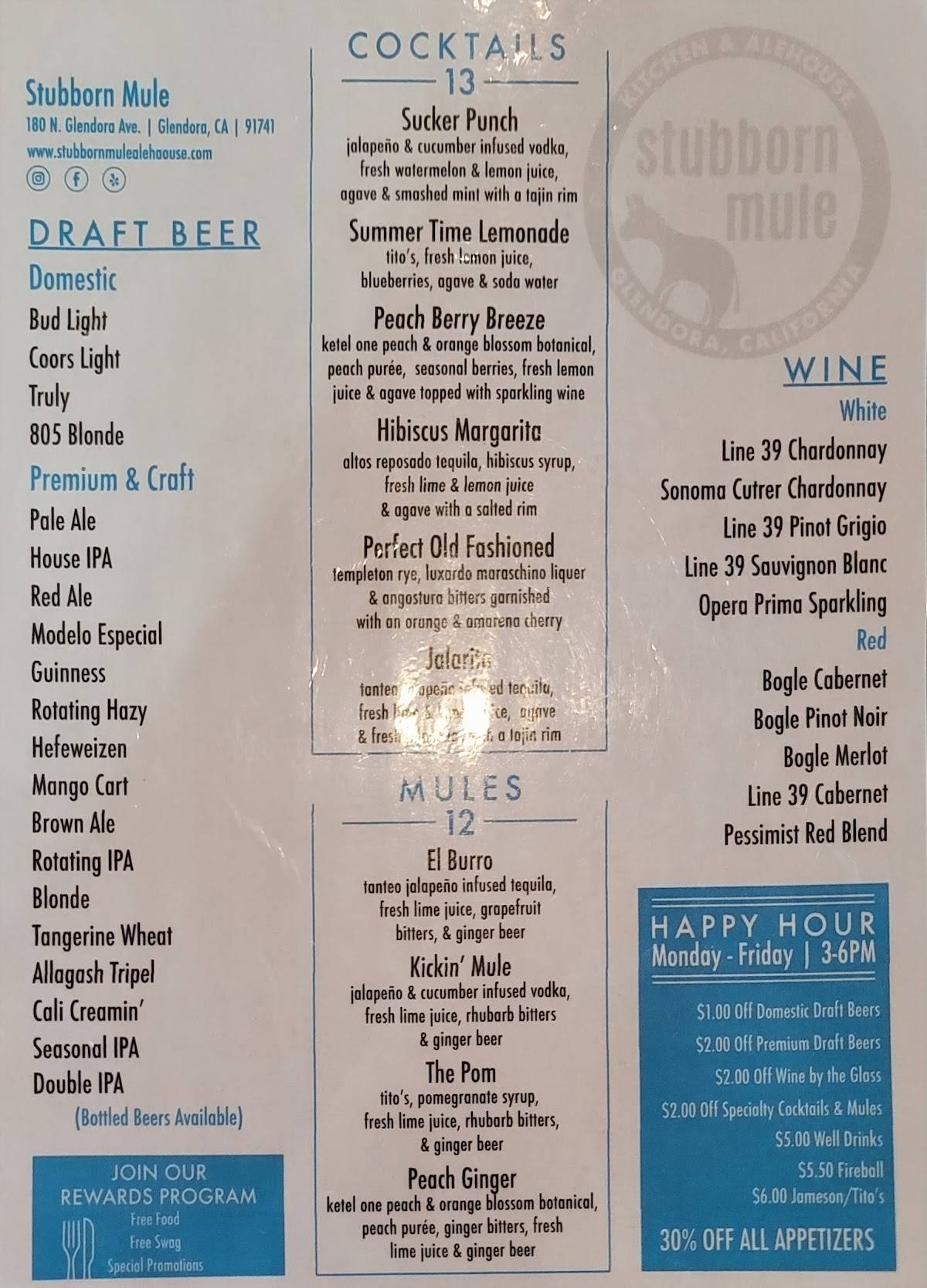 Menu at Stubborn Mule Glendora pub & bar, Glendora