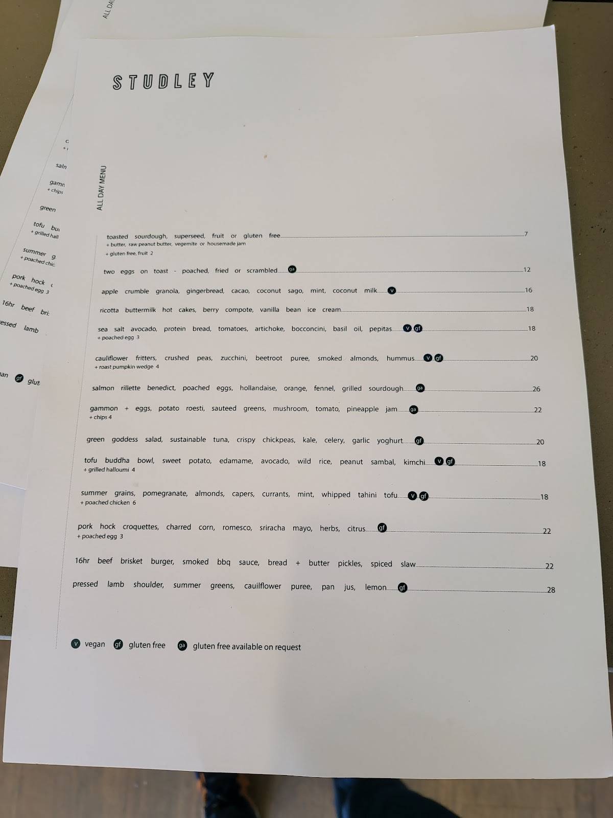 Menu at Studley Grounds cafe, Kew
