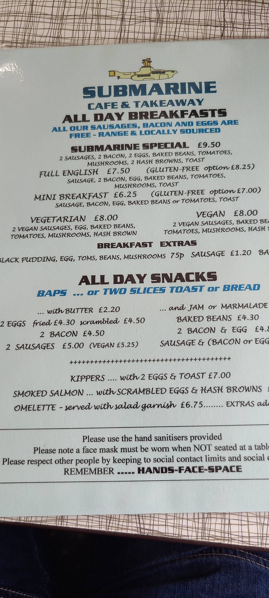 Menu at Submarine Cafe & Takeaway, Sheringham