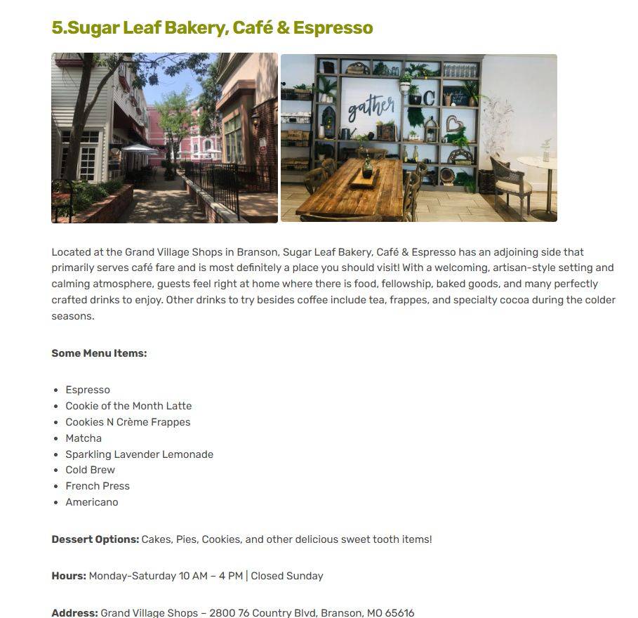 Menu at Sugar Leaf Bakery, Cafe & Espresso, Branson, W 76 Country Blvd