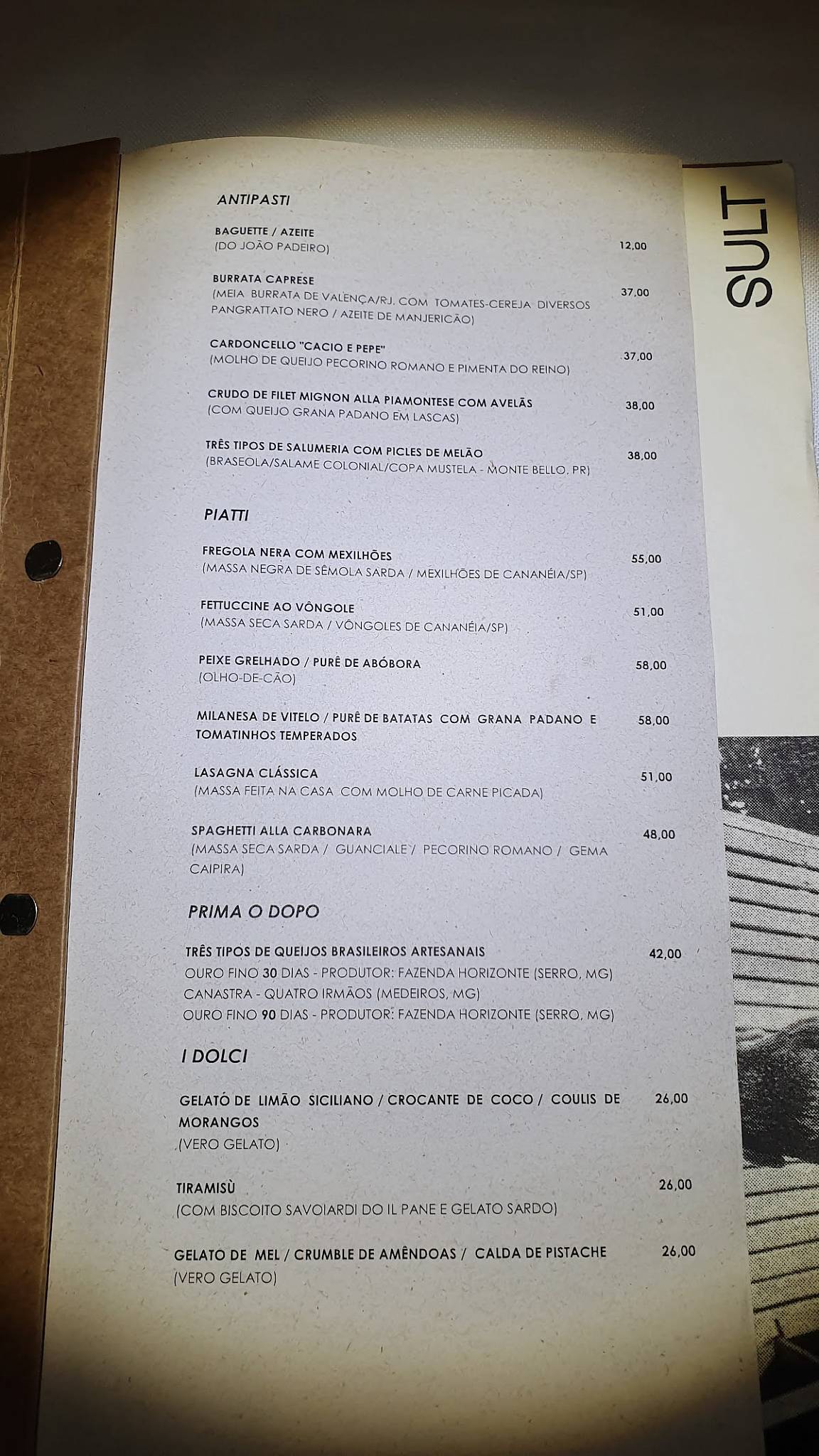 Menu em SULT restaurante, Rio de Janeiro