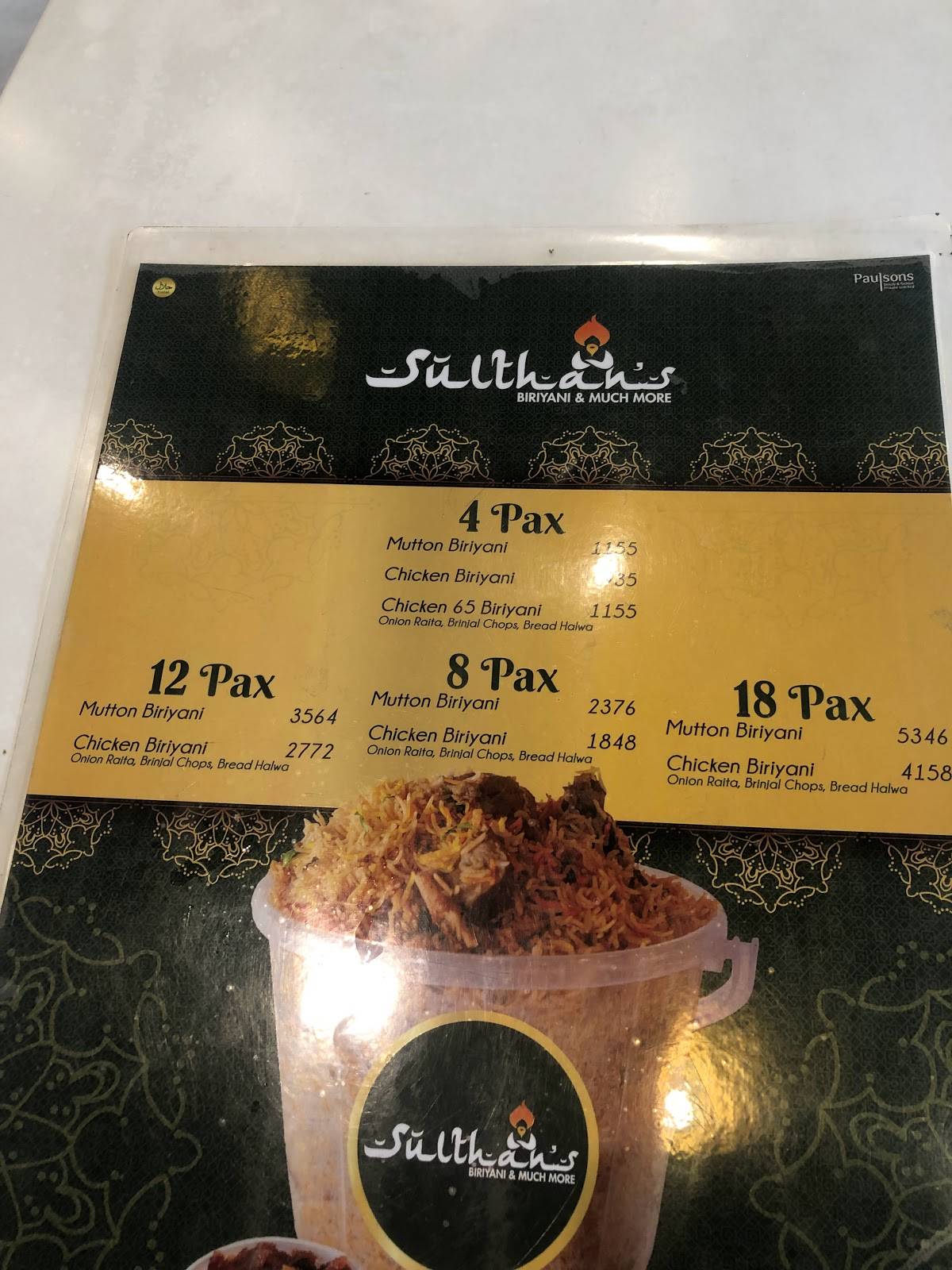 Menu at Sulthan's Biriyani, Ashok Nagar, Chennai