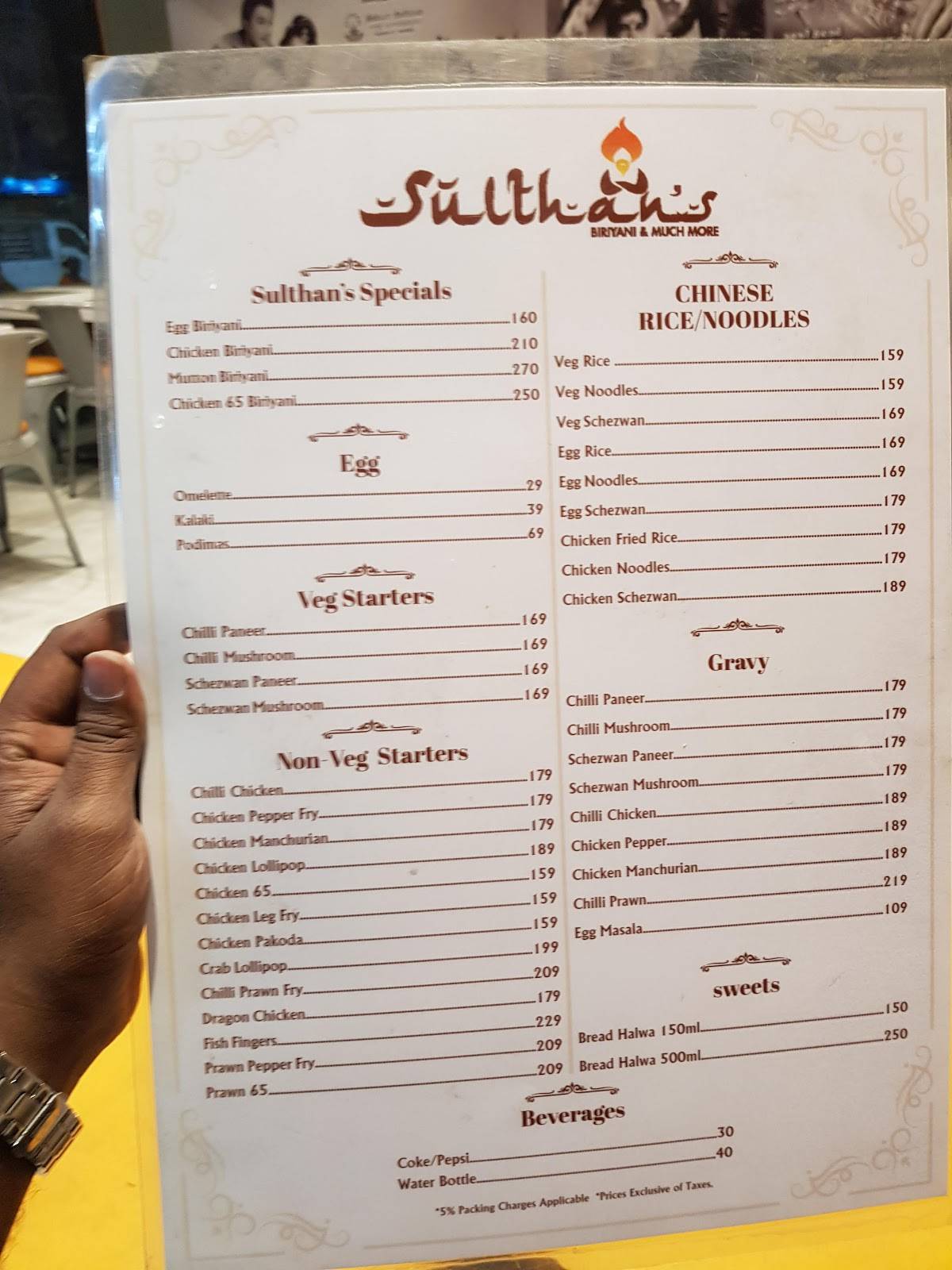 Menu at Sulthan's Biriyani, Ashok Nagar, Chennai