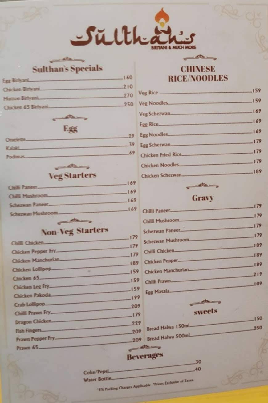 Menu at Sulthan's Biriyani, Ashok Nagar, Chennai