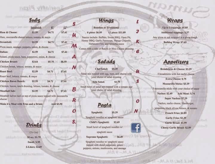 Menu at Suman Bros. Pizza pizzeria, Pennville