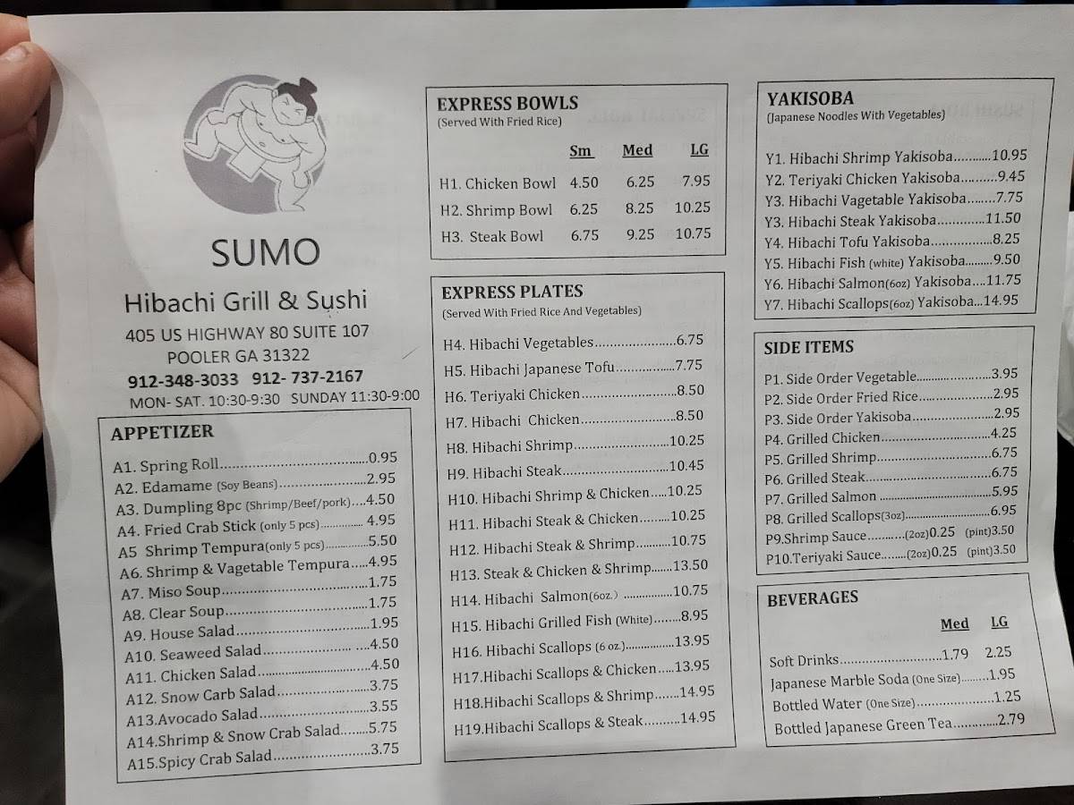 Menu at Sumo Hibachi Grill & Sushi restaurant, Pooler