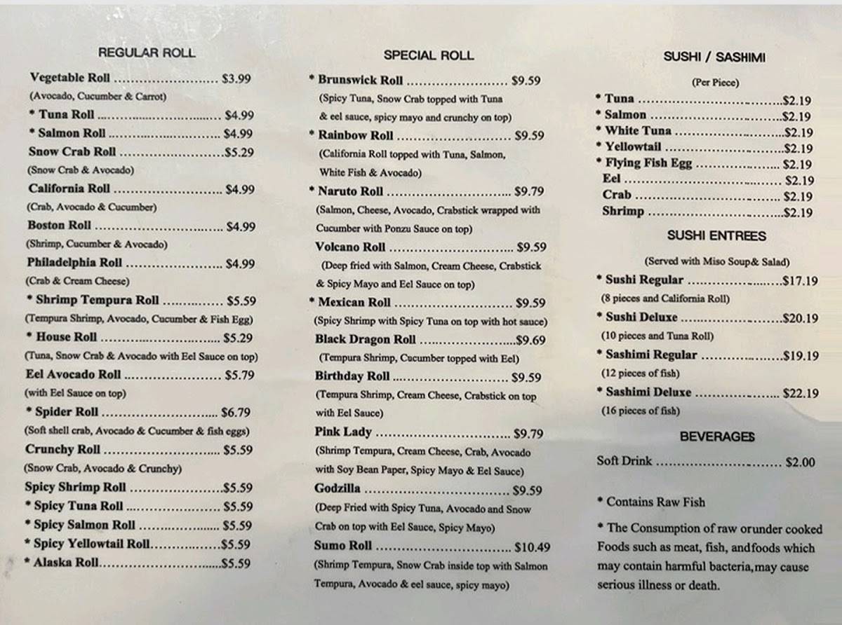 Menu at Sumo Hibachi and Sushi restaurant, Brunswick