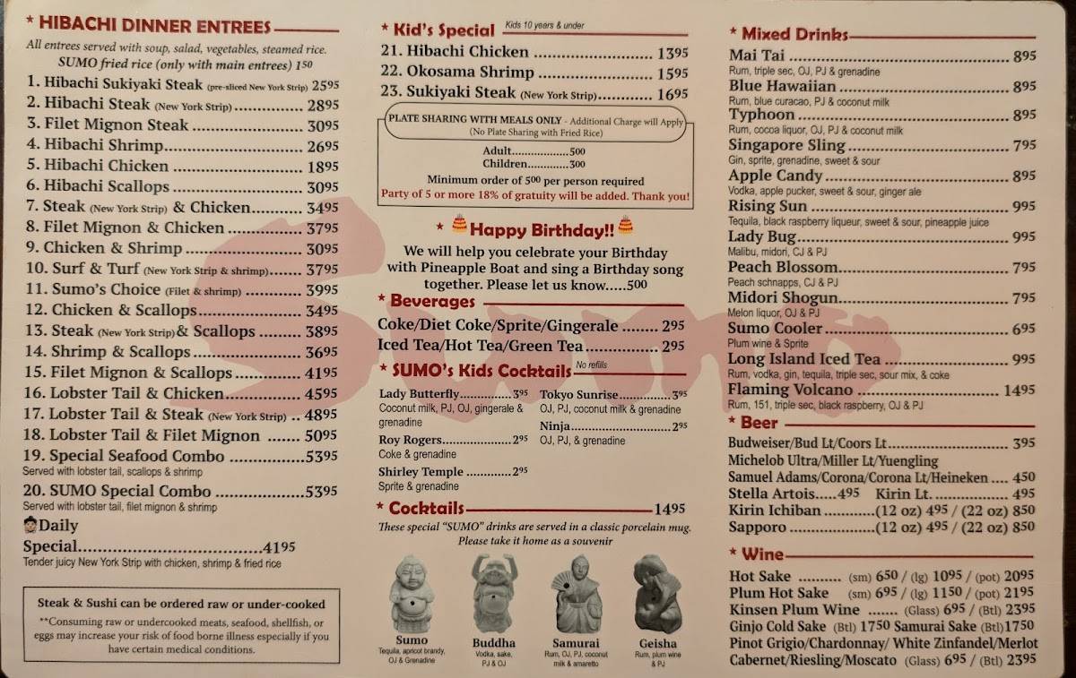 Menu at Sumo Japanese Steak House restaurant, Virginia Beach