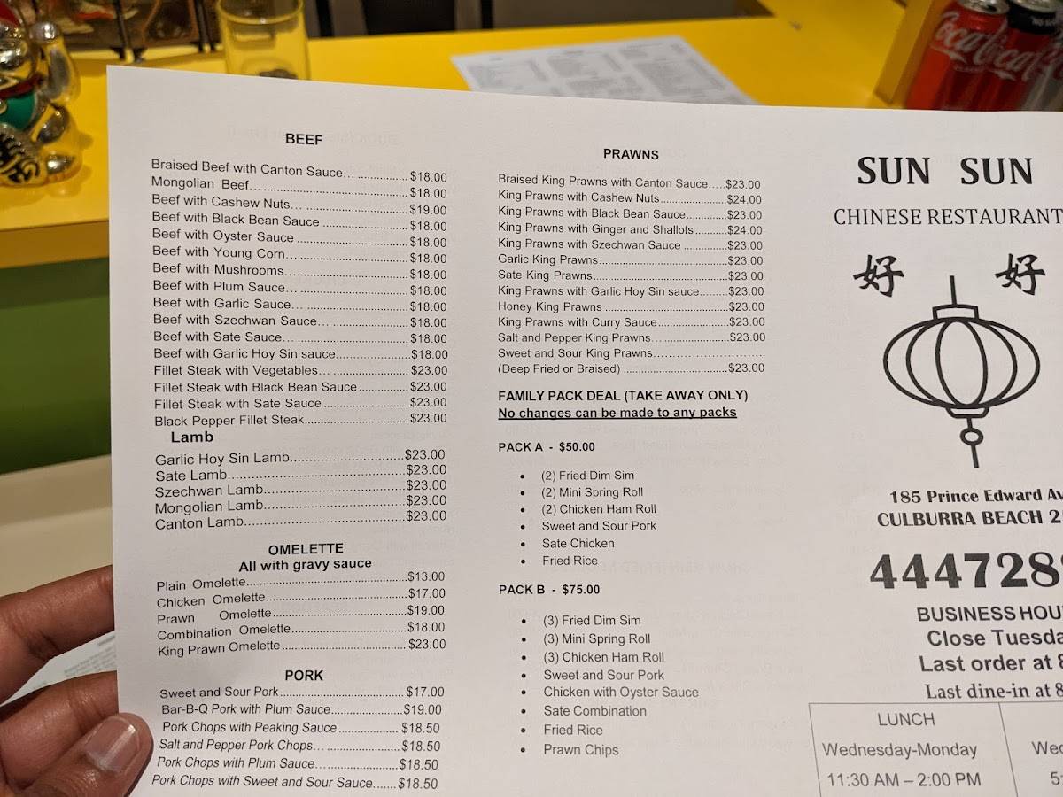 Menu at Sun Sun Chinese Restaurant, Culburra Beach