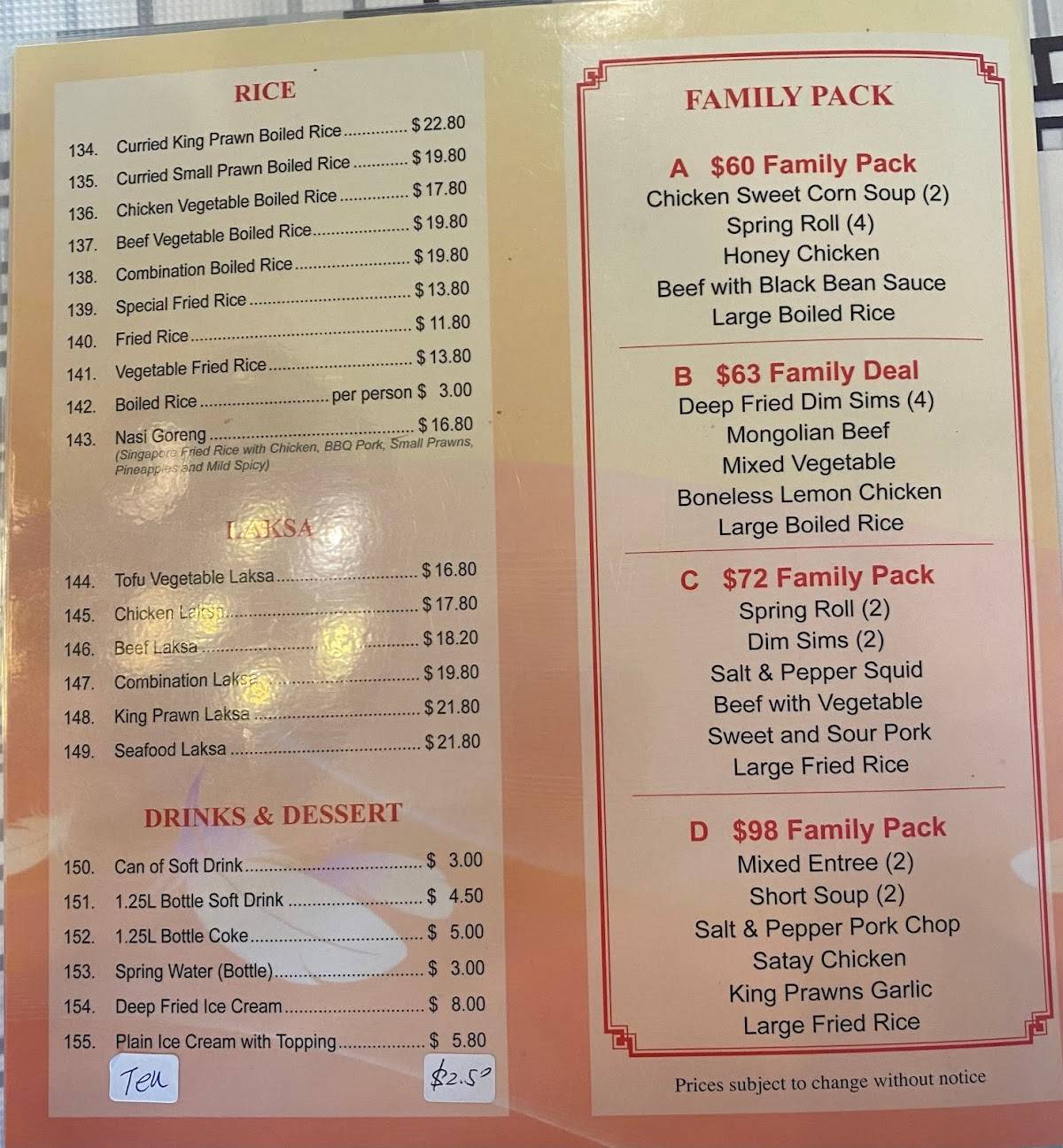 Menu at Sun Tat Asian Cuisine restaurant, Strathfield South