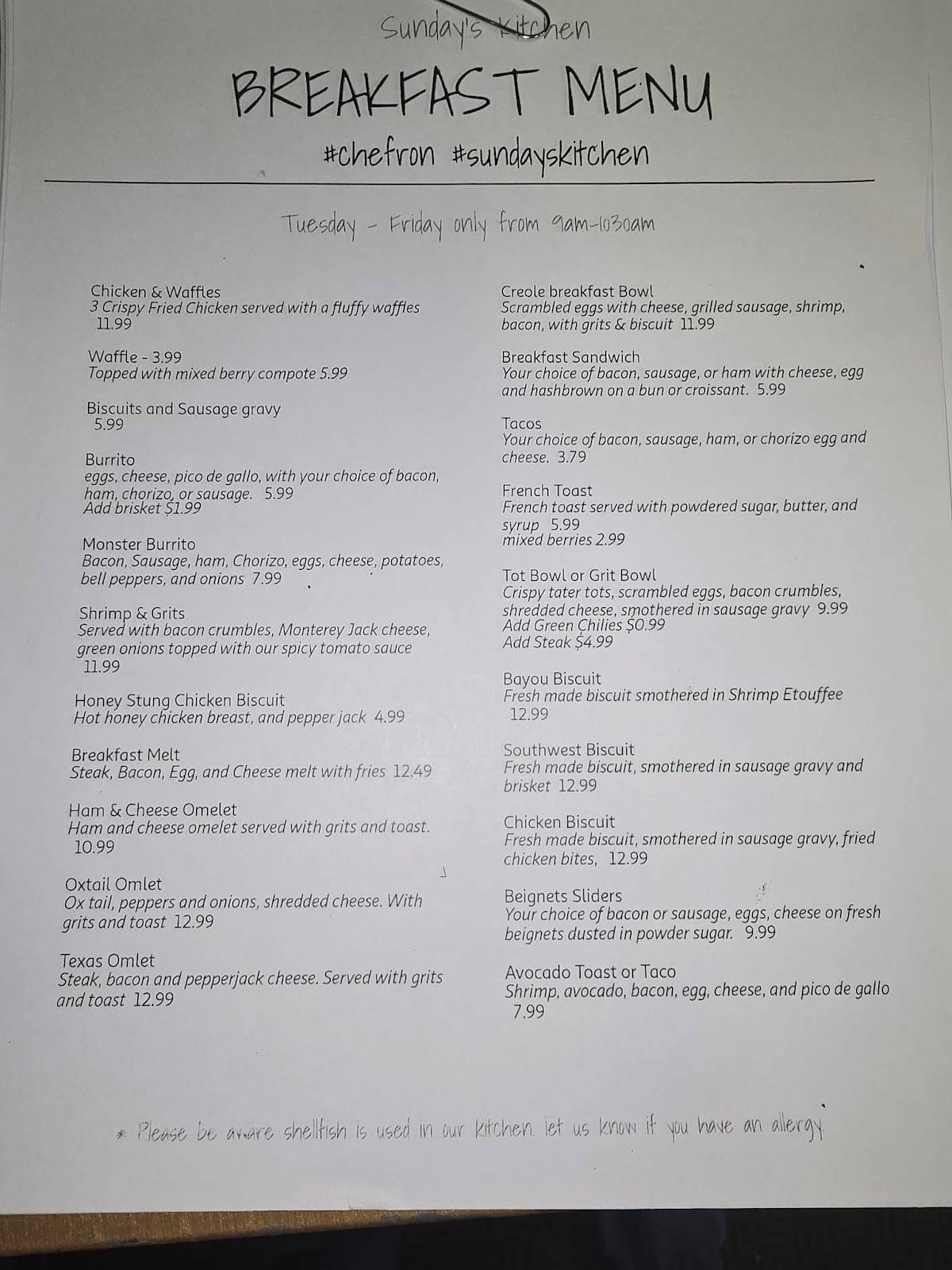 Menu at Sunday's Kitchen restaurant, Amarillo, 112 SW 6th Ave