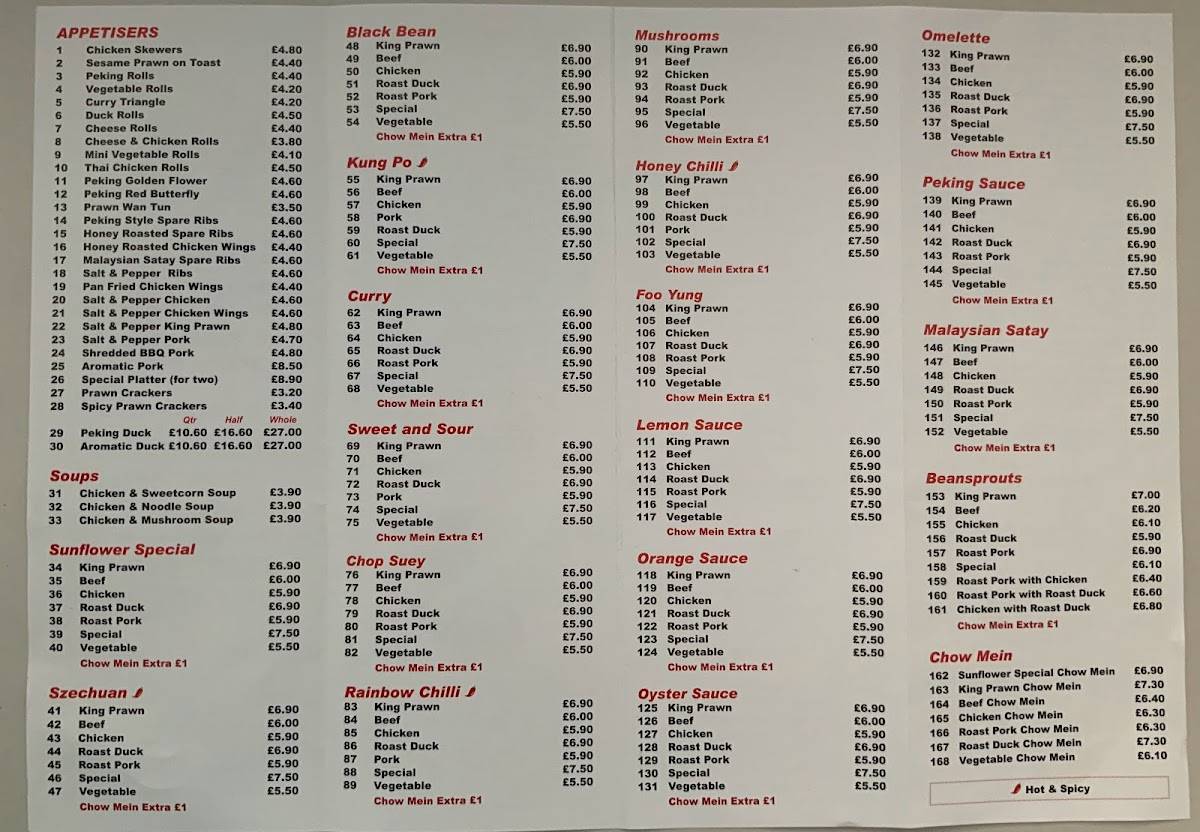 Menu at Sunflower Garden fast food, Pitmedden