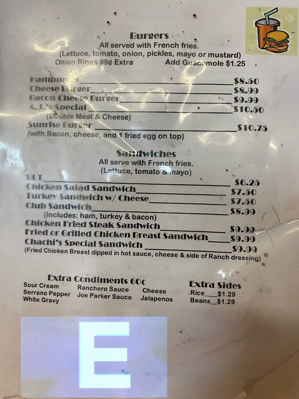 Menu at Sunrise Restaurant, Uvalde