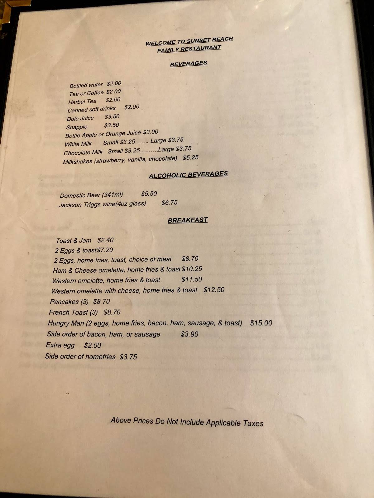 Menu at Sunset Beach Family Restaurant, Thessalon