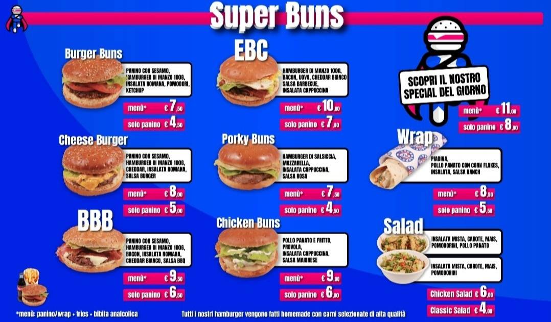 Menu da Super Buns ristorante, Anzio