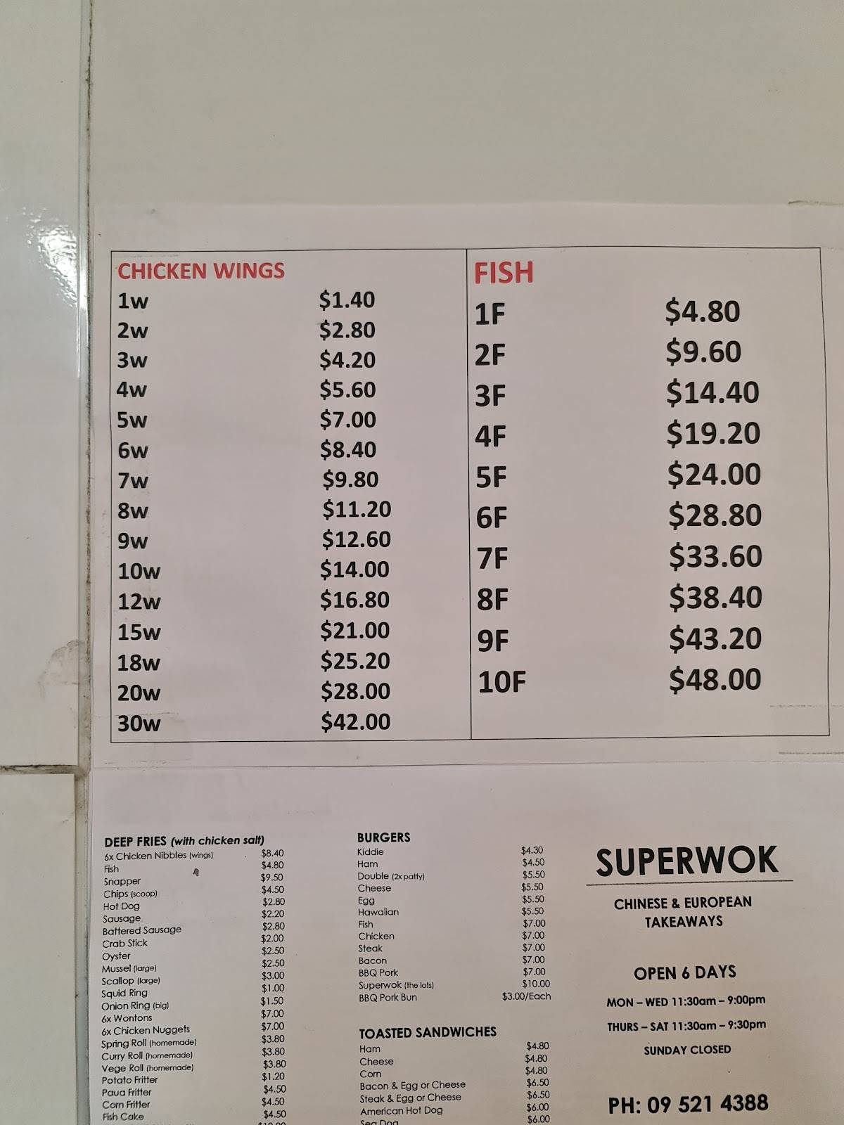 Menu at Super Wok Takeaways fast food, Auckland