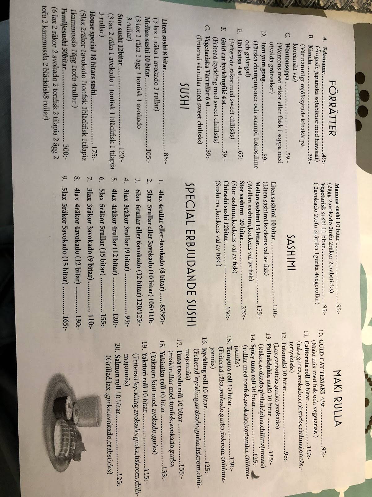 Menu at Sushi One restaurant, Stockholm
