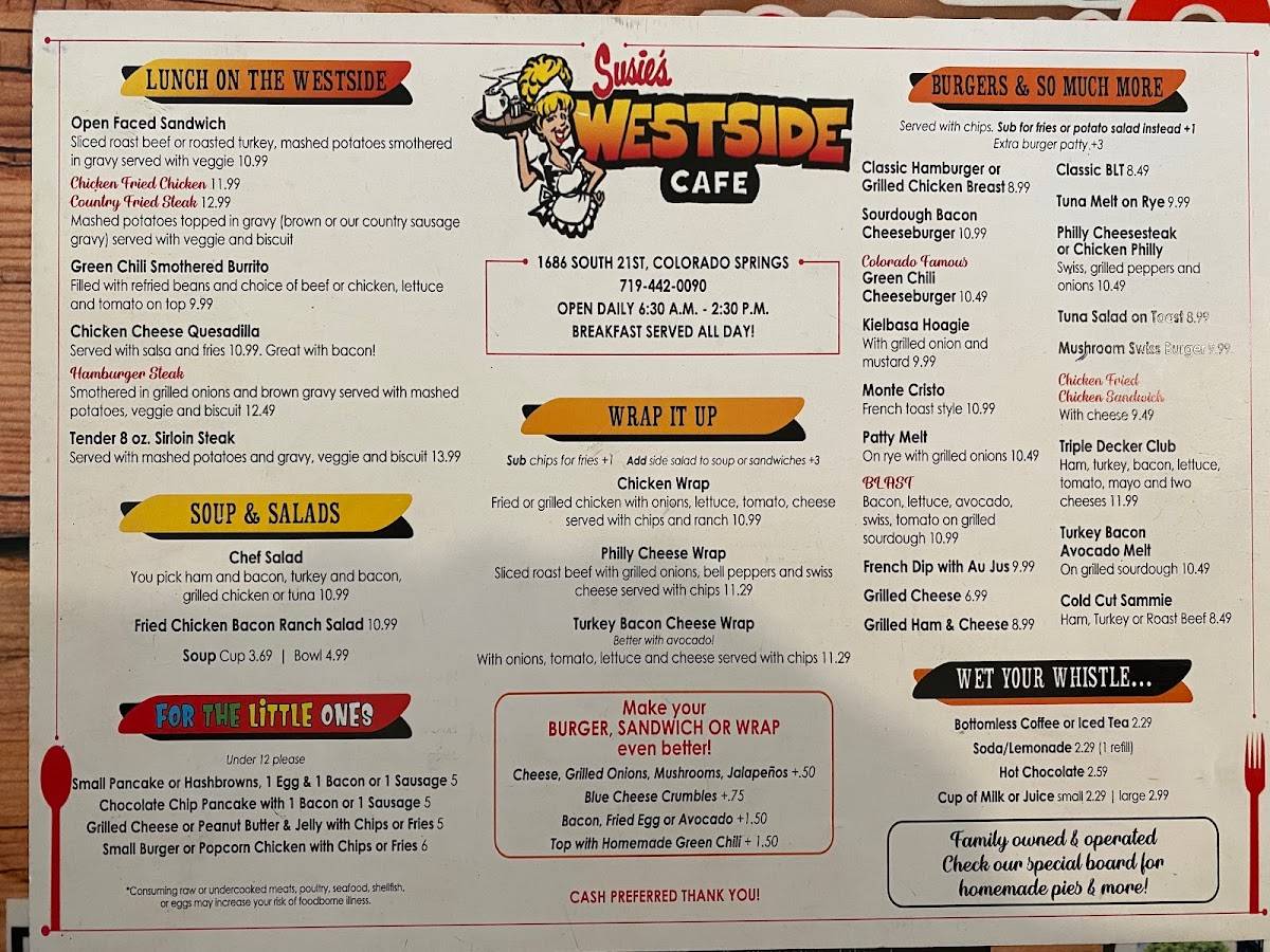 Menu at Susie's Westside Café cafe, Colorado Springs