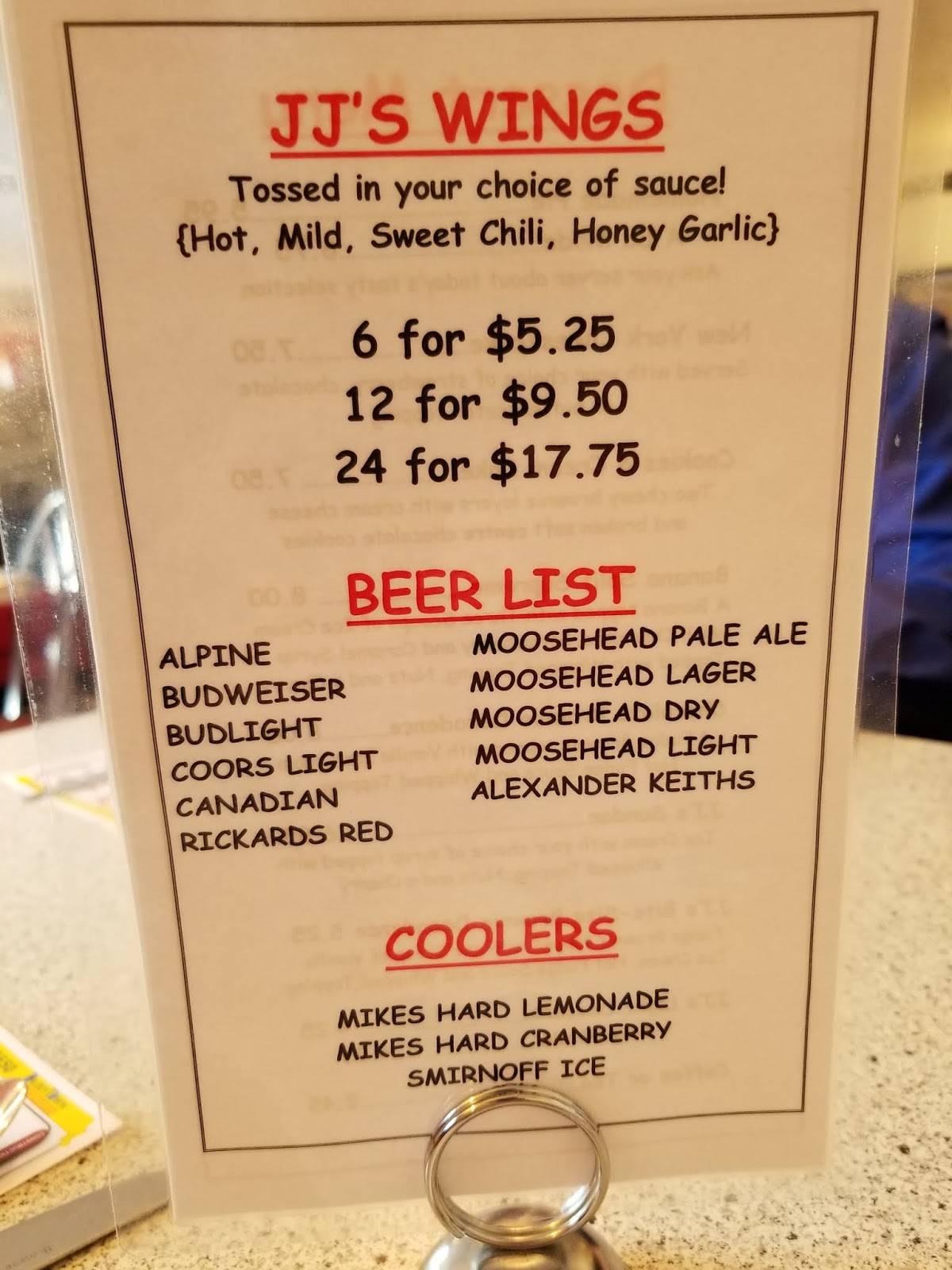 Menu at JJ's Diner restaurant, Sussex