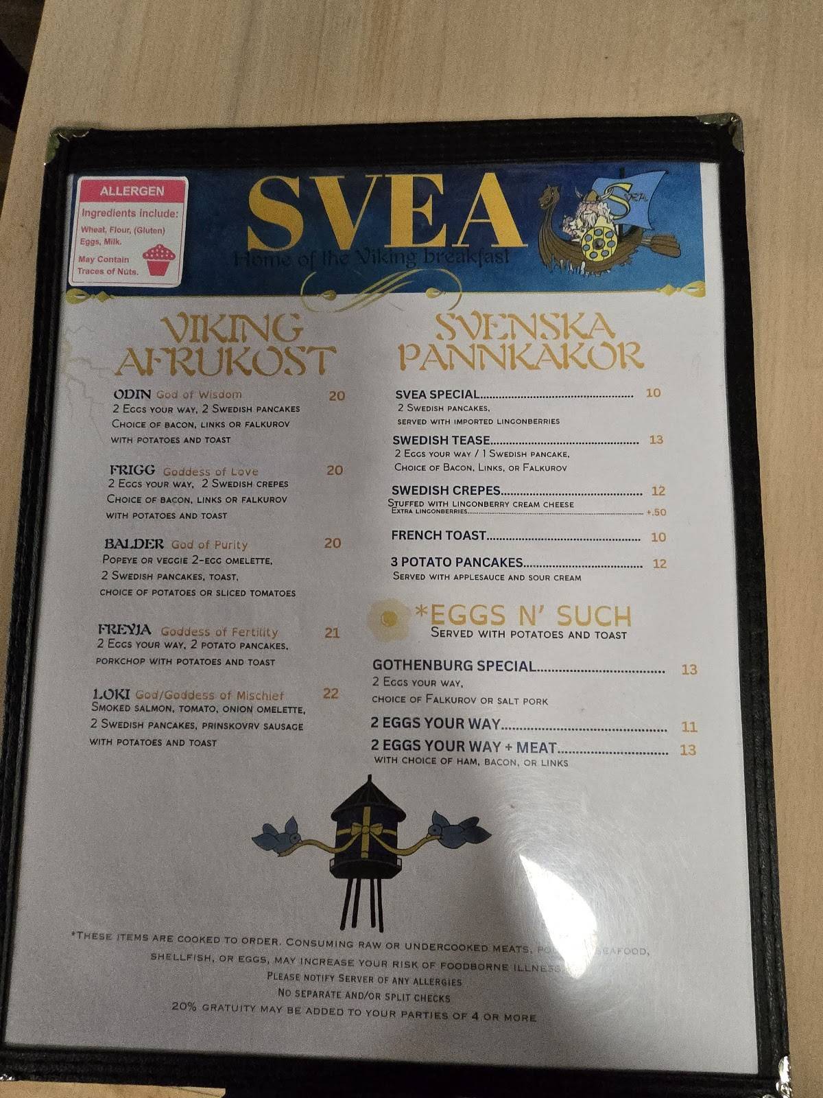 Menu at Svea Restaurant, Chicago