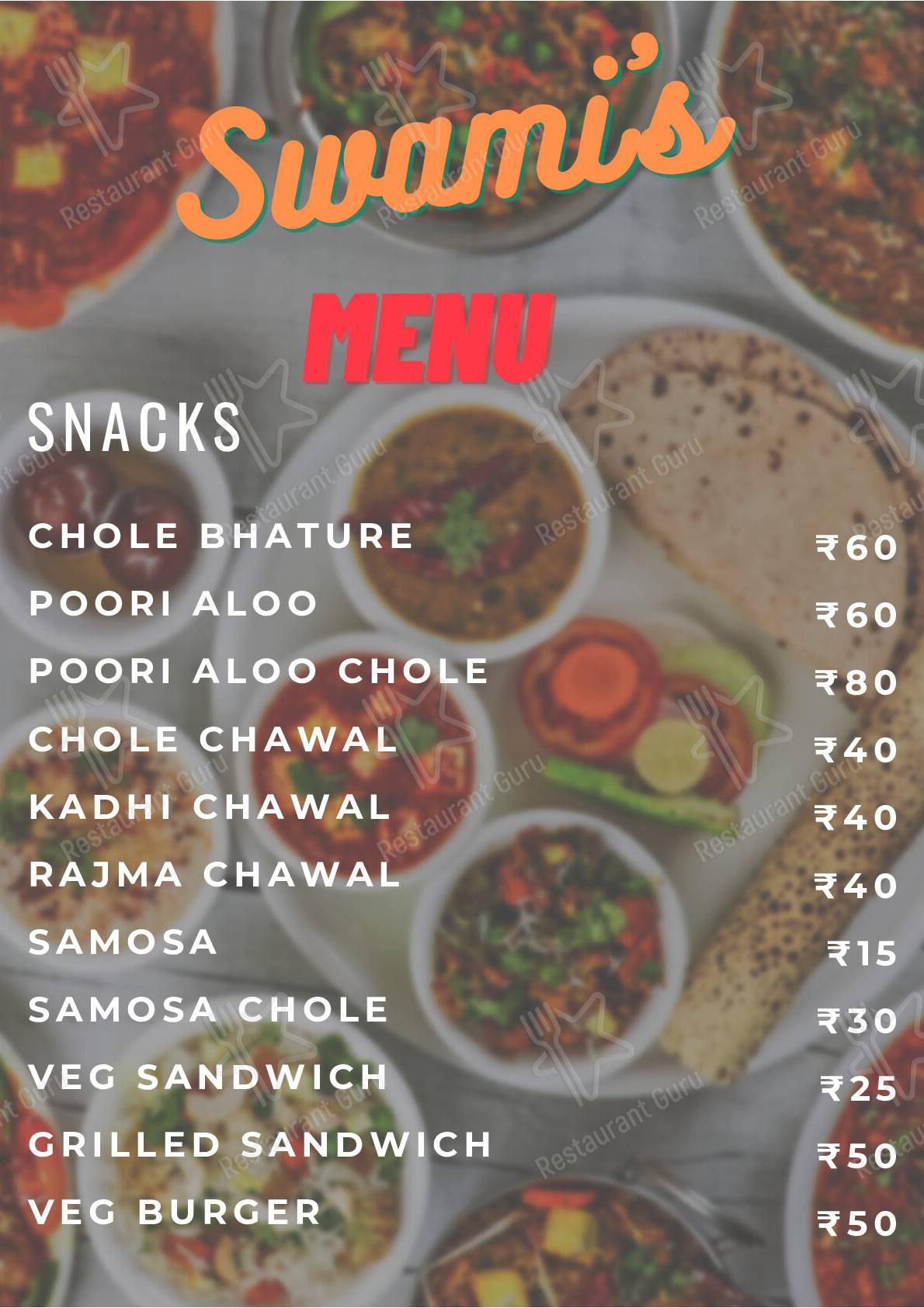 Menu at Swami Sweets, Saharanpur