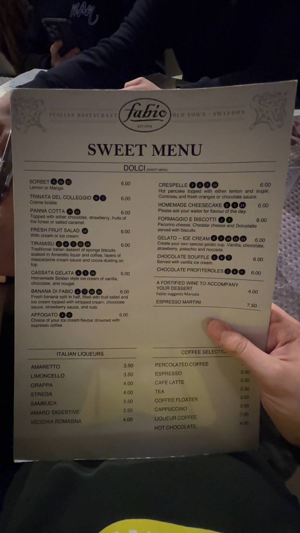 Menu at Fabio Ristorante restaurant, Swindon