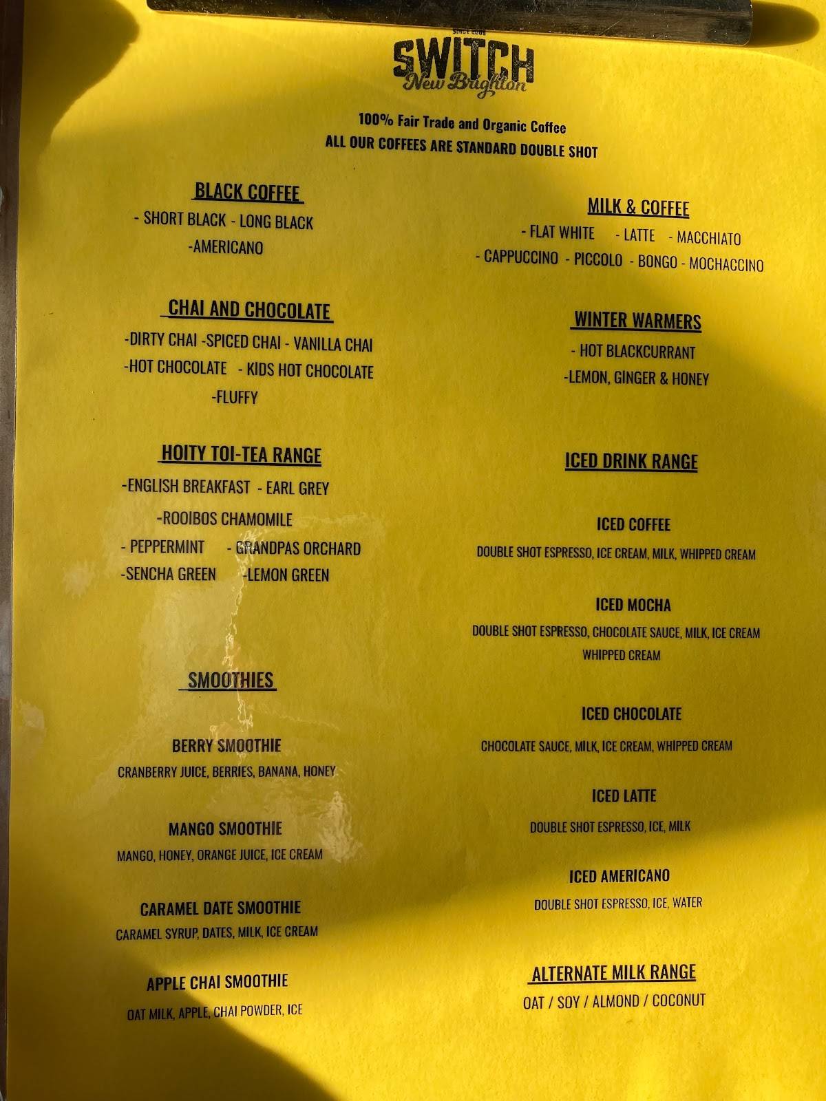 Menu at Switch New Brighton cafe, Christchurch