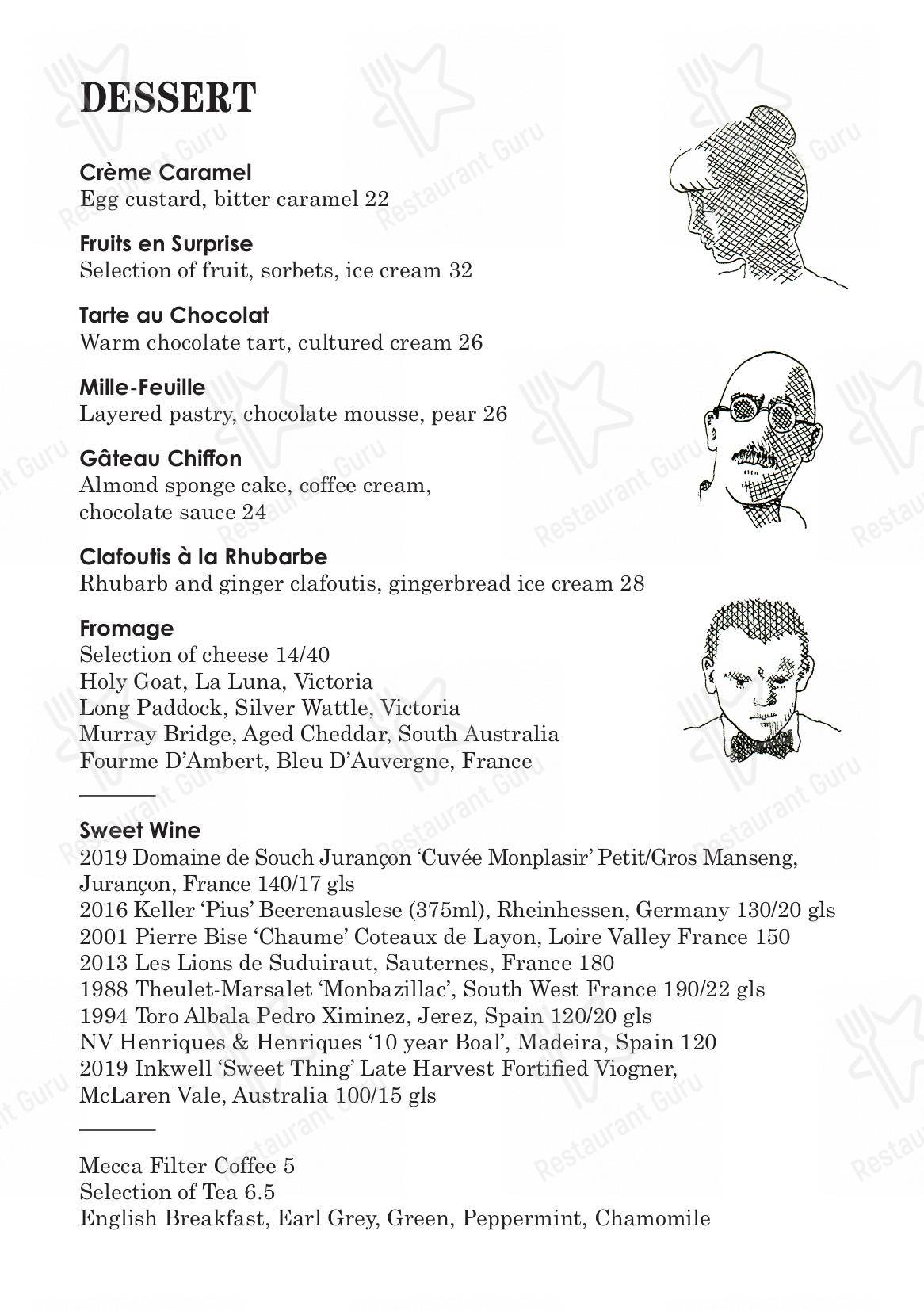 Menu at Restaurant Hubert, Sydney