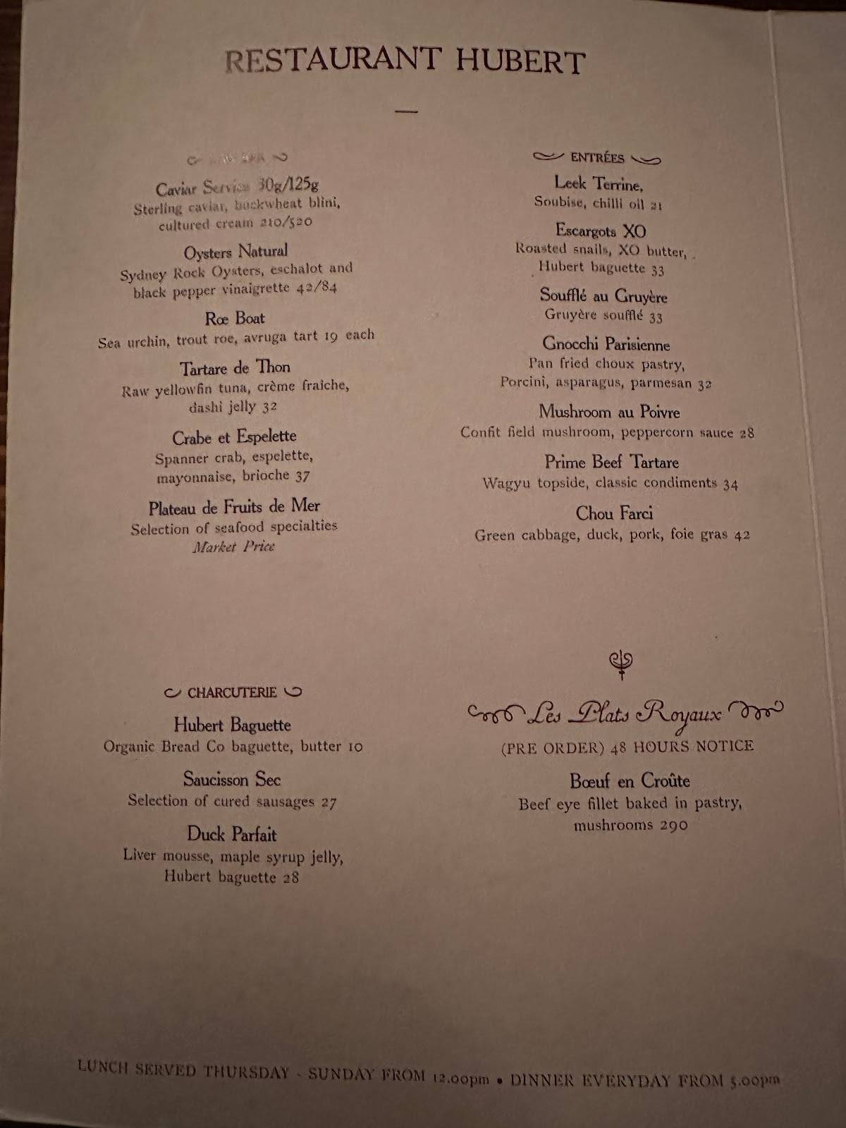 Menu at Restaurant Hubert, Sydney