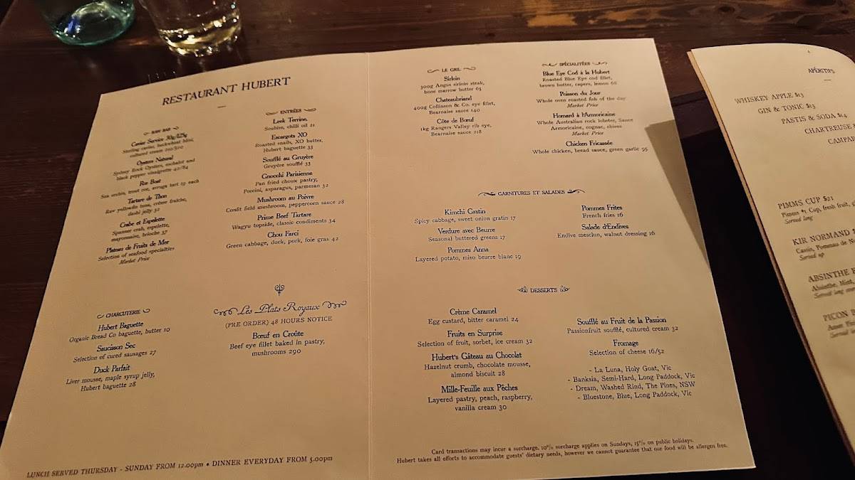 Menu at Restaurant Hubert, Sydney