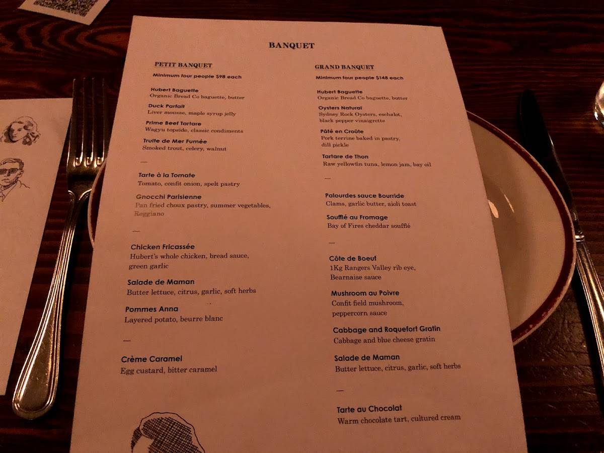 Menu at Restaurant Hubert, Sydney