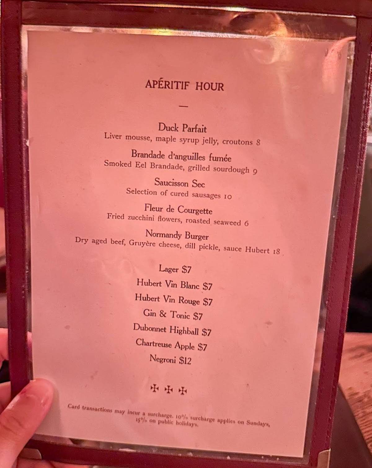 Menu at Restaurant Hubert, Sydney