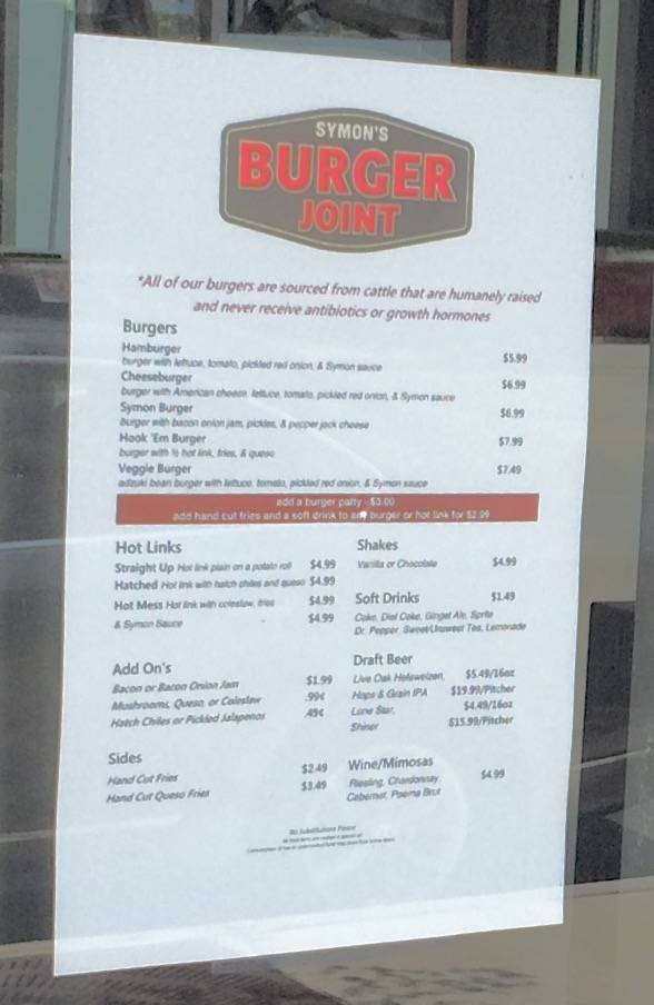 Menu at Symon's Burger Joint restaurant, Austin