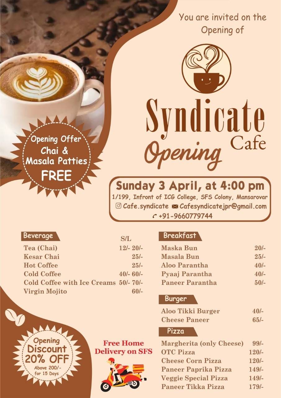 Menu at Syndicate Cafe, Jaipur