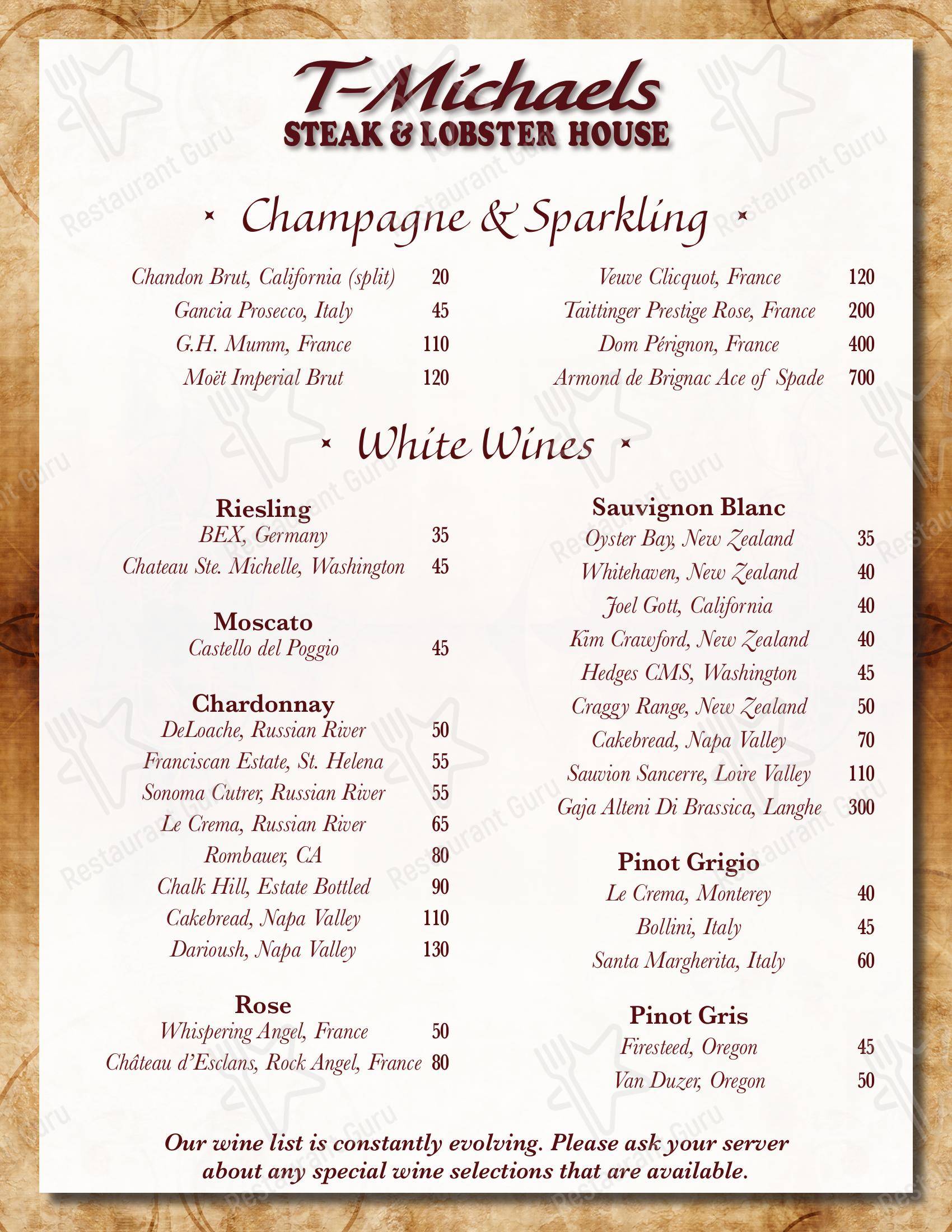 Menu at T-Michaels Steak & Lobster pub & bar, Naples