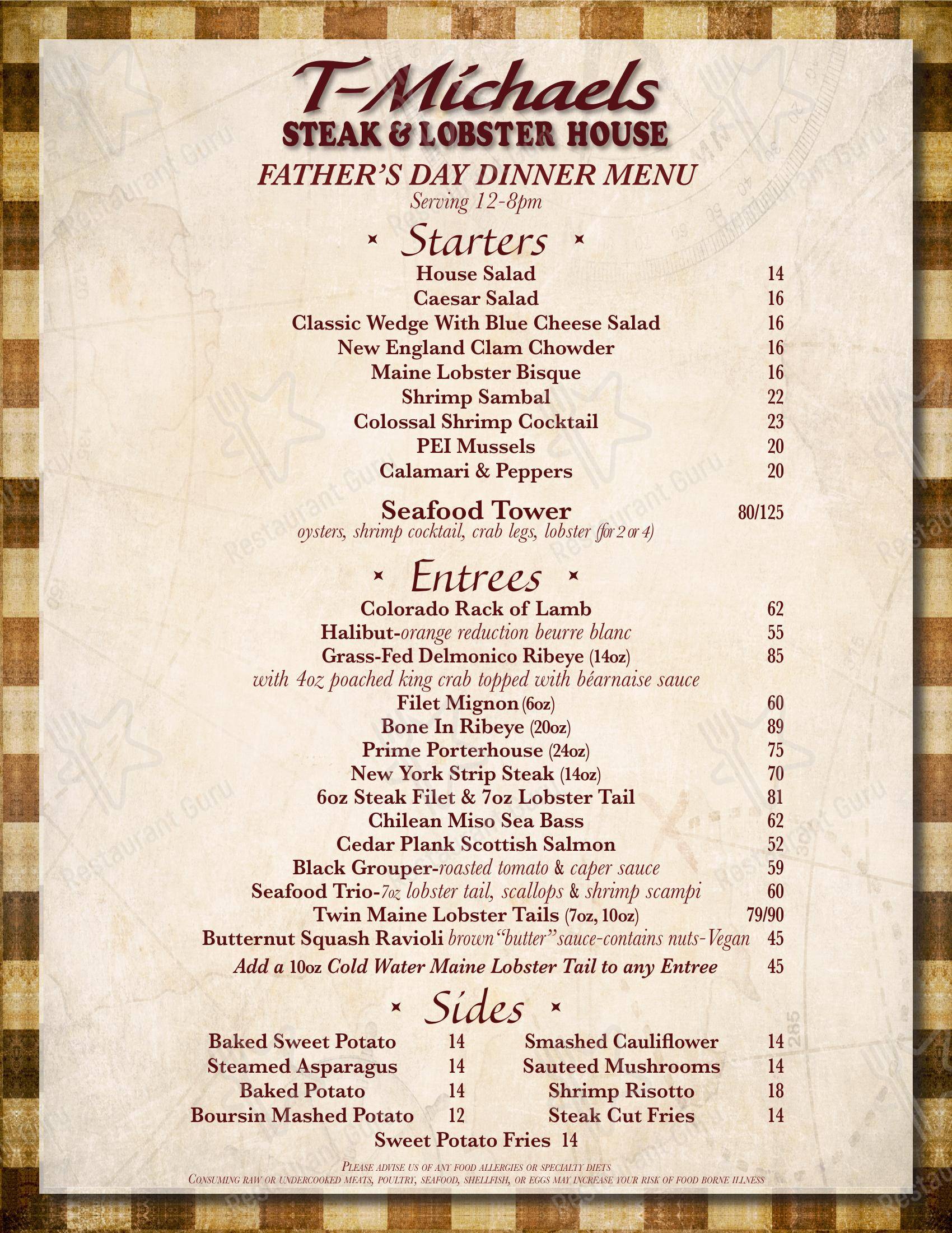 Menu at T-Michaels Steak & Lobster pub & bar, Naples