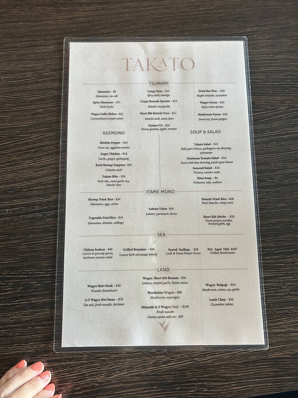 Menu at TAKATO restaurant, Fort Lauderdale