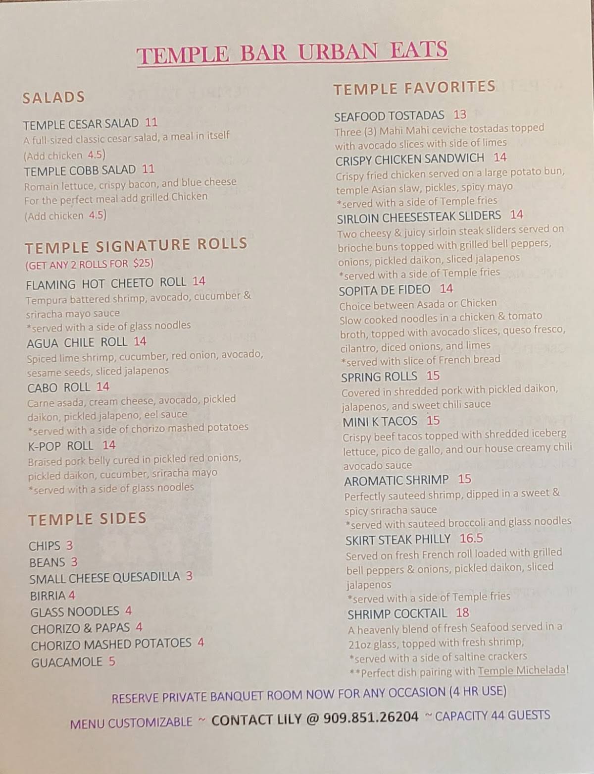 Menu at Temple Bar Urban Eats, West Covina