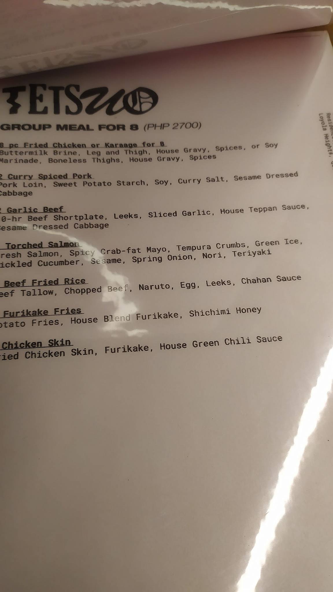 Menu at TETSUO restaurant, Makati
