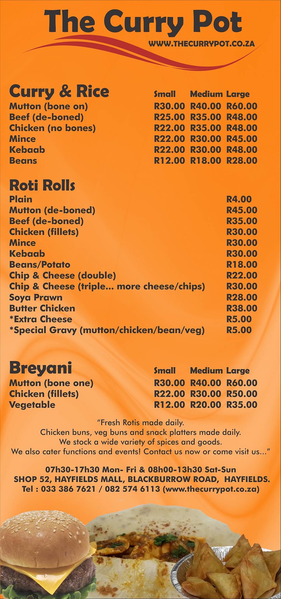 Menu at THE CURRY POT restaurant, Pietermaritzburg, Shop 52