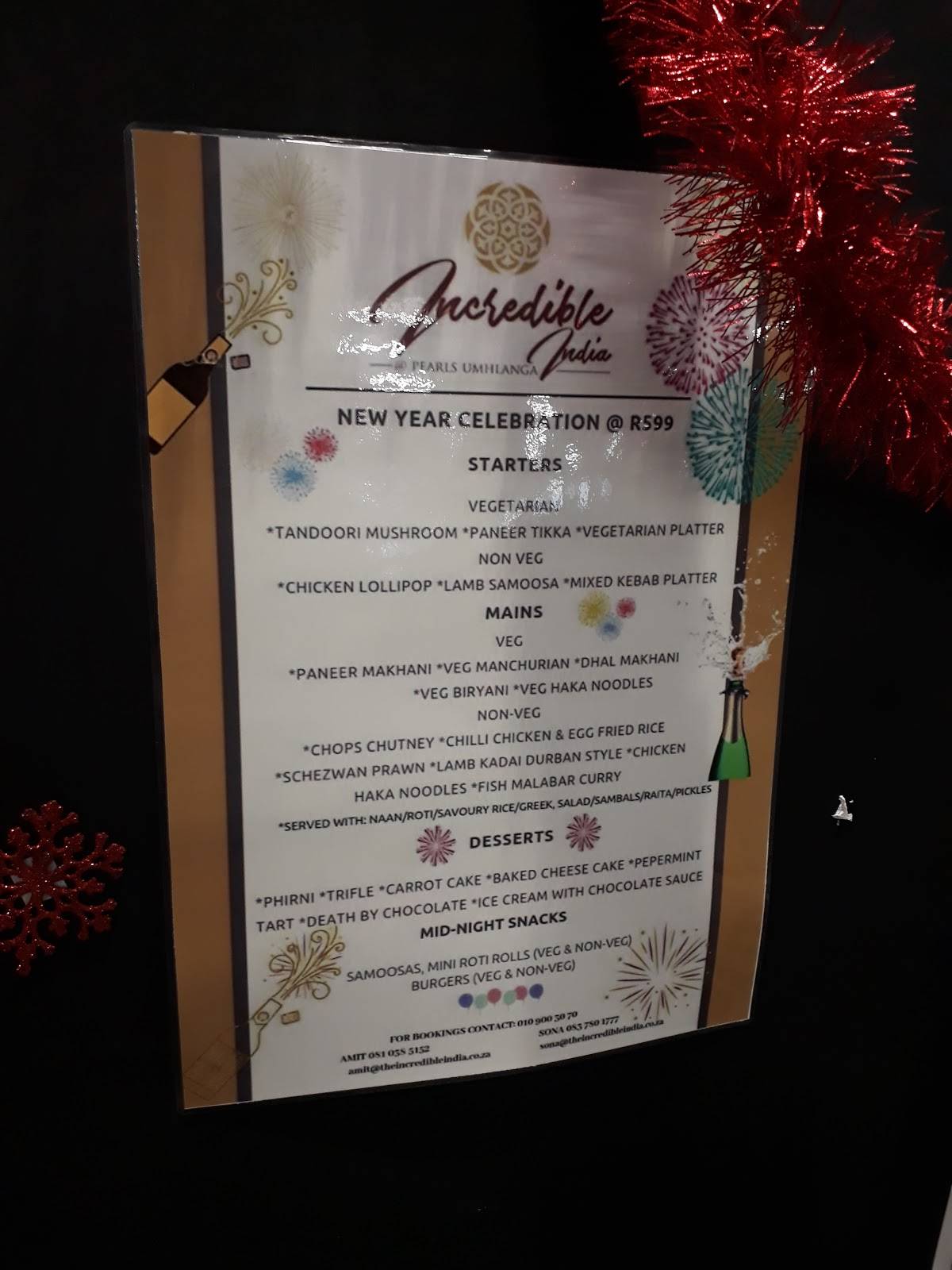 Menu at THE INCREDIBLE INDIA restaurant, Umhlanga